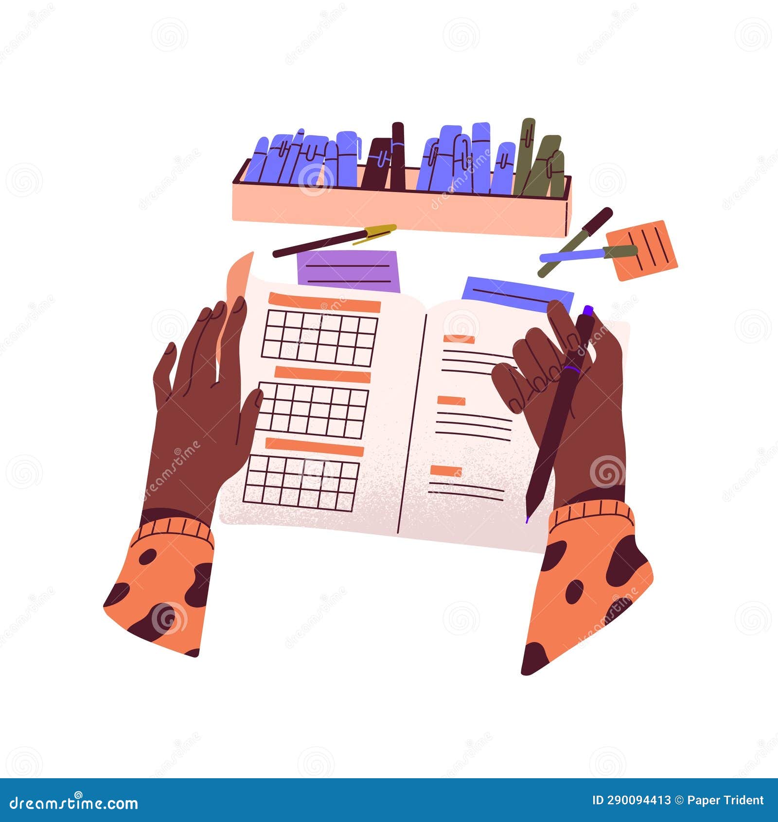 Hands Hold Pen, Write in Paper Planner. Person Planning with ...