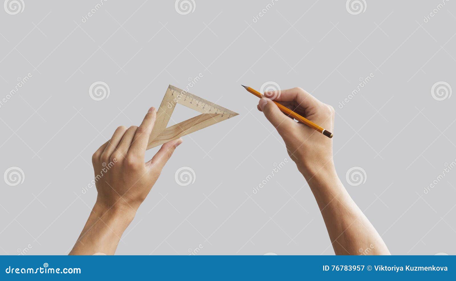Hands Hold the Pencil with Triangular Wooden Ruler. Isolated Grey ...