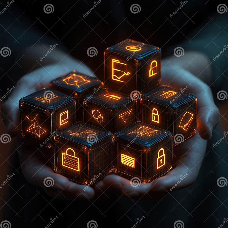 Hands Hold Secure Data Storage Tech Cubes. Digital Security Systems in Image. Network Protection ...