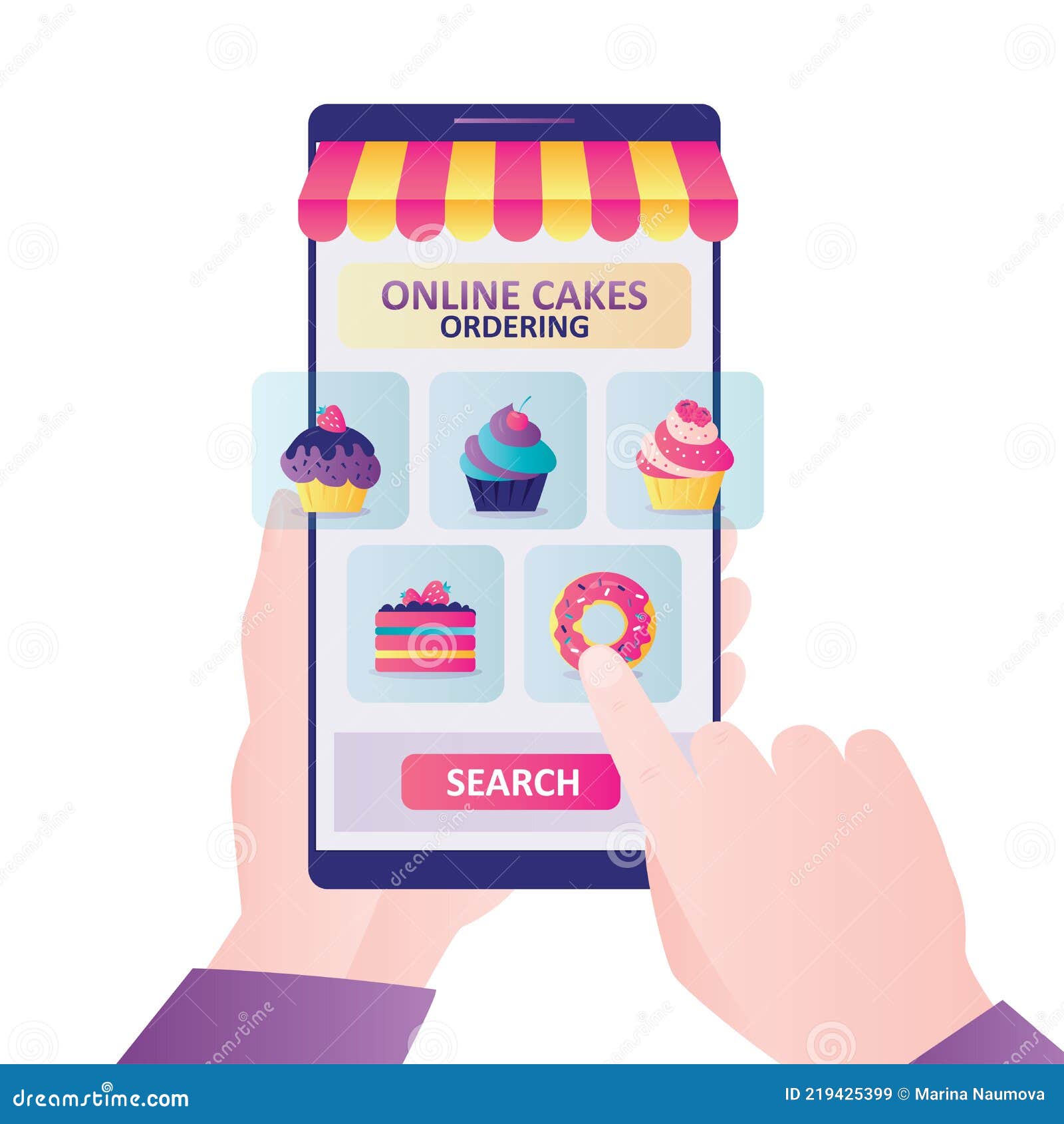 Hands Hold Smartphone with Bakery Shop on Screen. Different Sweets in ...