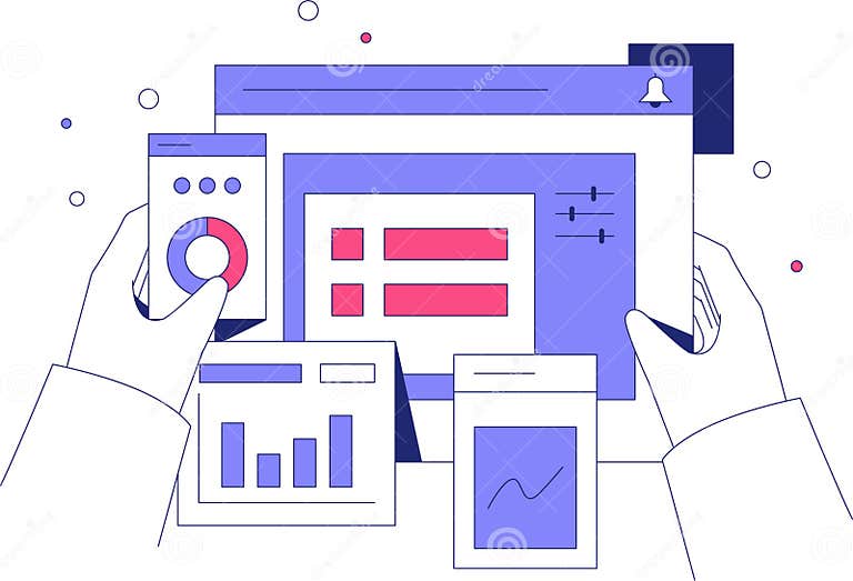 Hands Holding Analytical Tools and Charts in Flat Vector Illustration ...
