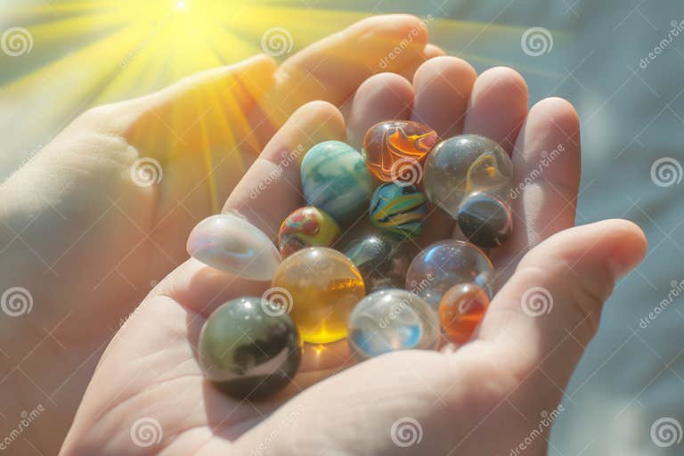 Hands Holding Assorted Marbles Against a Bright Backdrop Stock ...