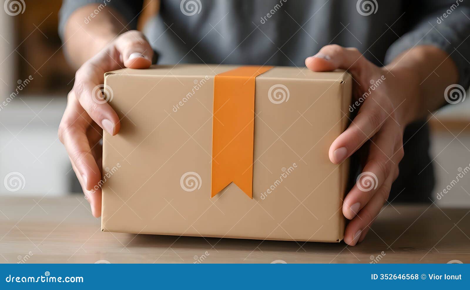 Hands Holding a Box with Blank Side on a Table Stock Illustration ...