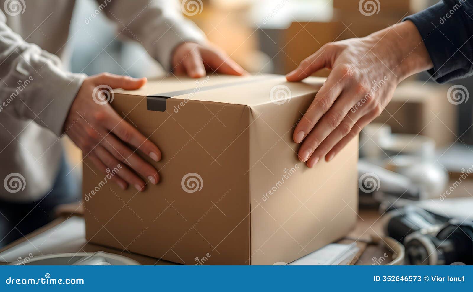 Hands Holding a Box with Blank Side on a Table Stock Illustration ...