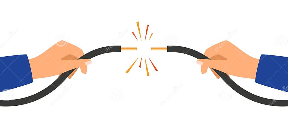 Hands Holding Broken Electrical Cable with Electric Spark. Electric Broken Cable Vector Isolated ...