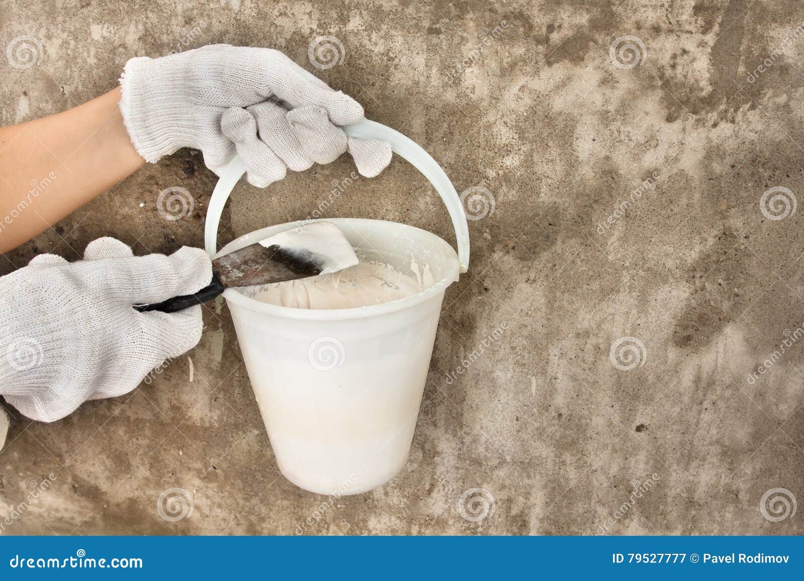 Hands Holding Bucket with Plaster and Spatula Stock Image - Image of ...
