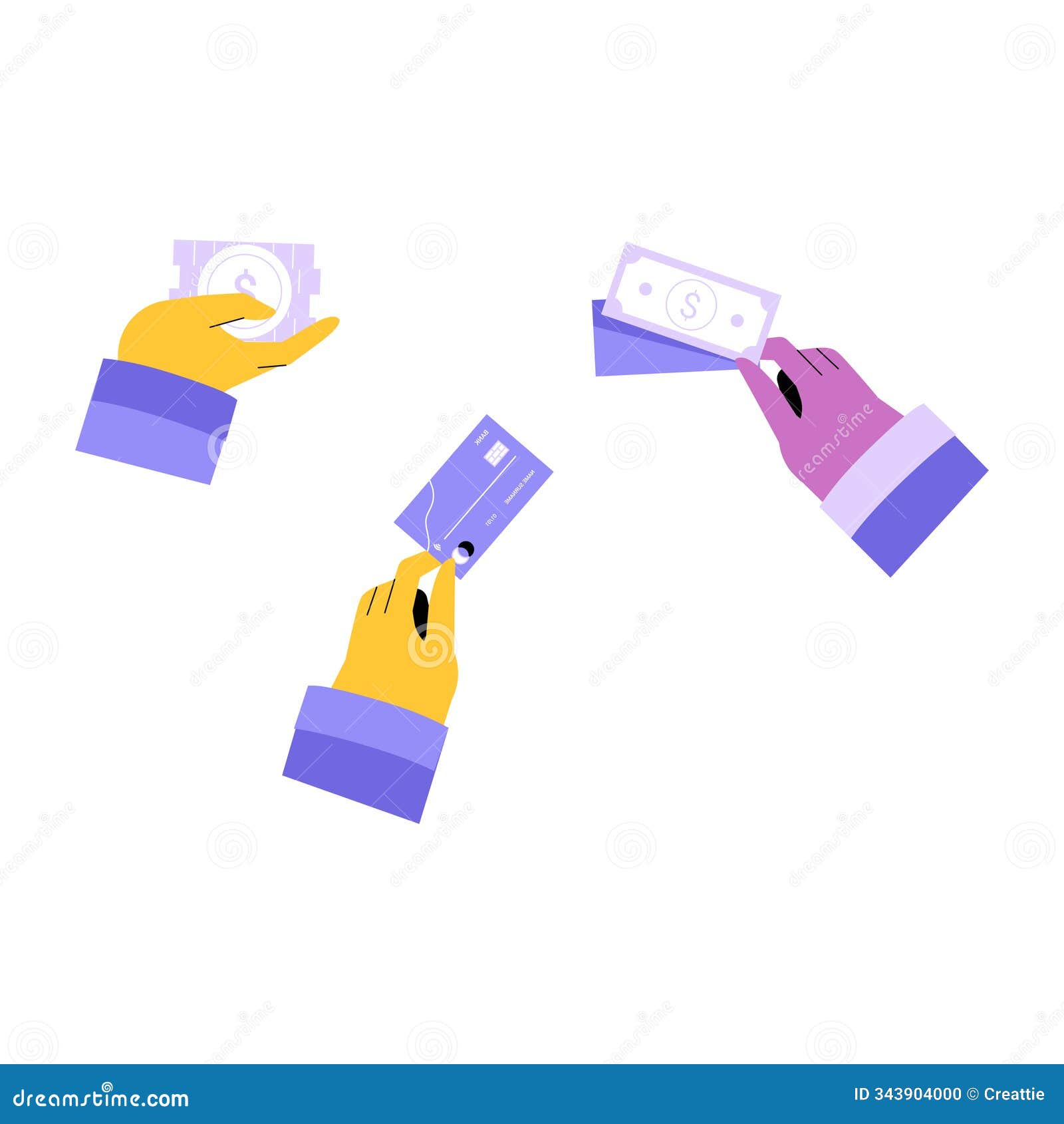 Hands Holding Cash, Debit Card, and Dollar Bill in Flat Vector ...