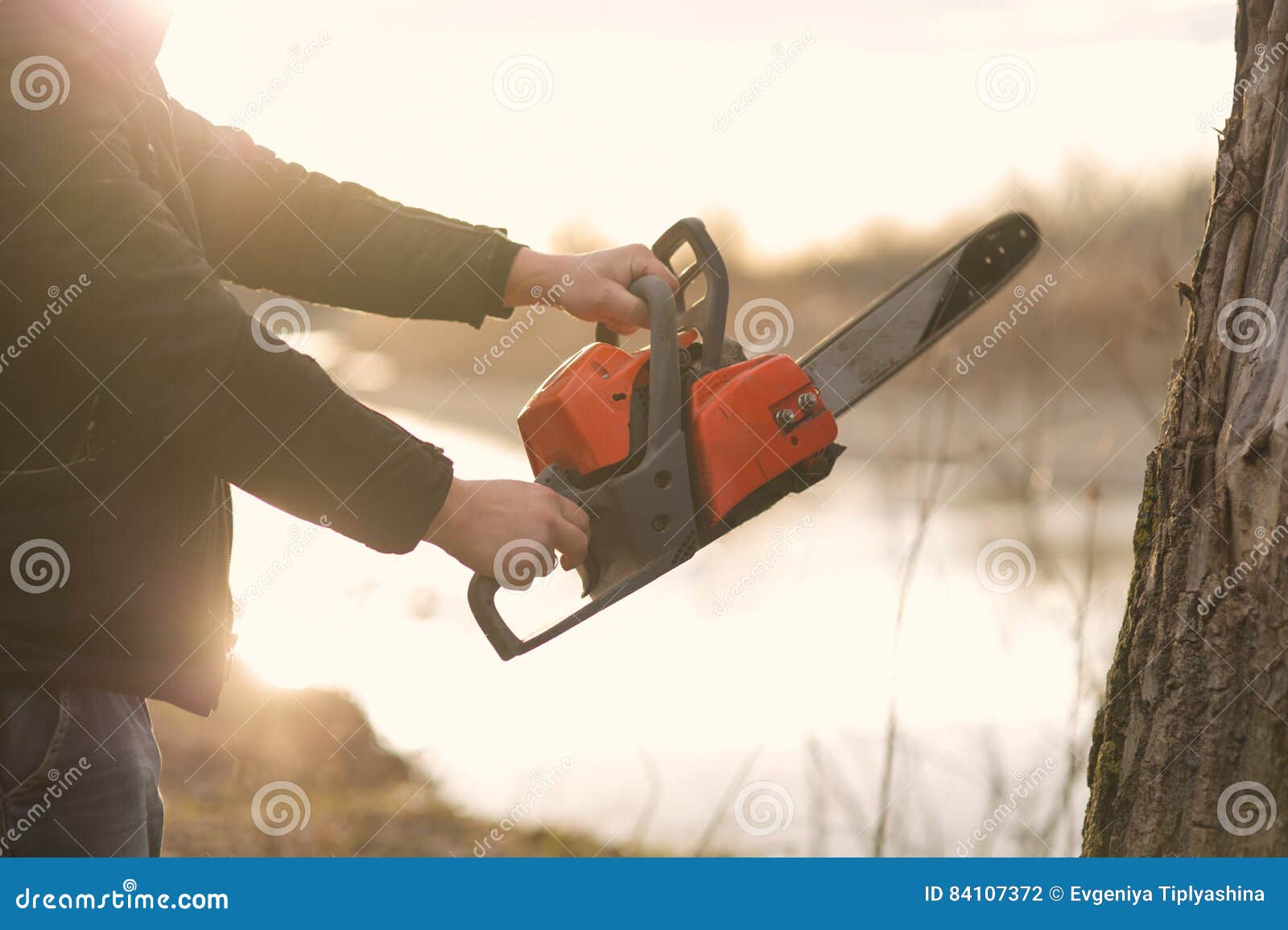 Hands holding a chainsaw stock photo. Image of cutting - 84107372