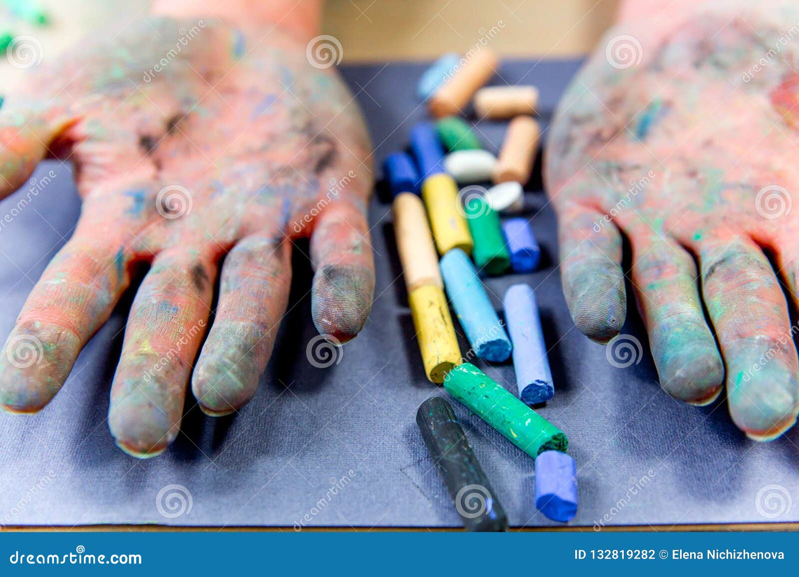 Hands Holding Chalks and Drawing on a Blackboard Stock Photo - Image of ...