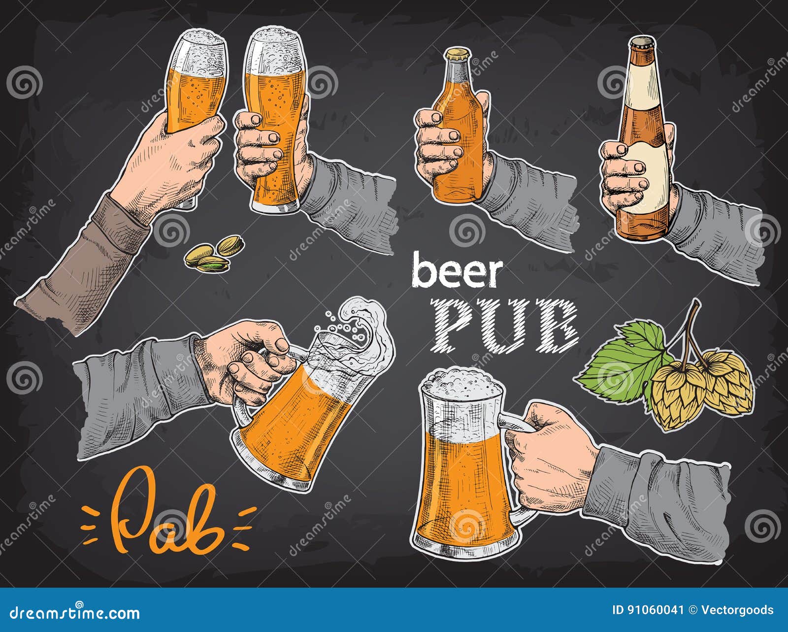 Hands Holding and Clinking with Beer Glasses Mug. Stock Vector ...