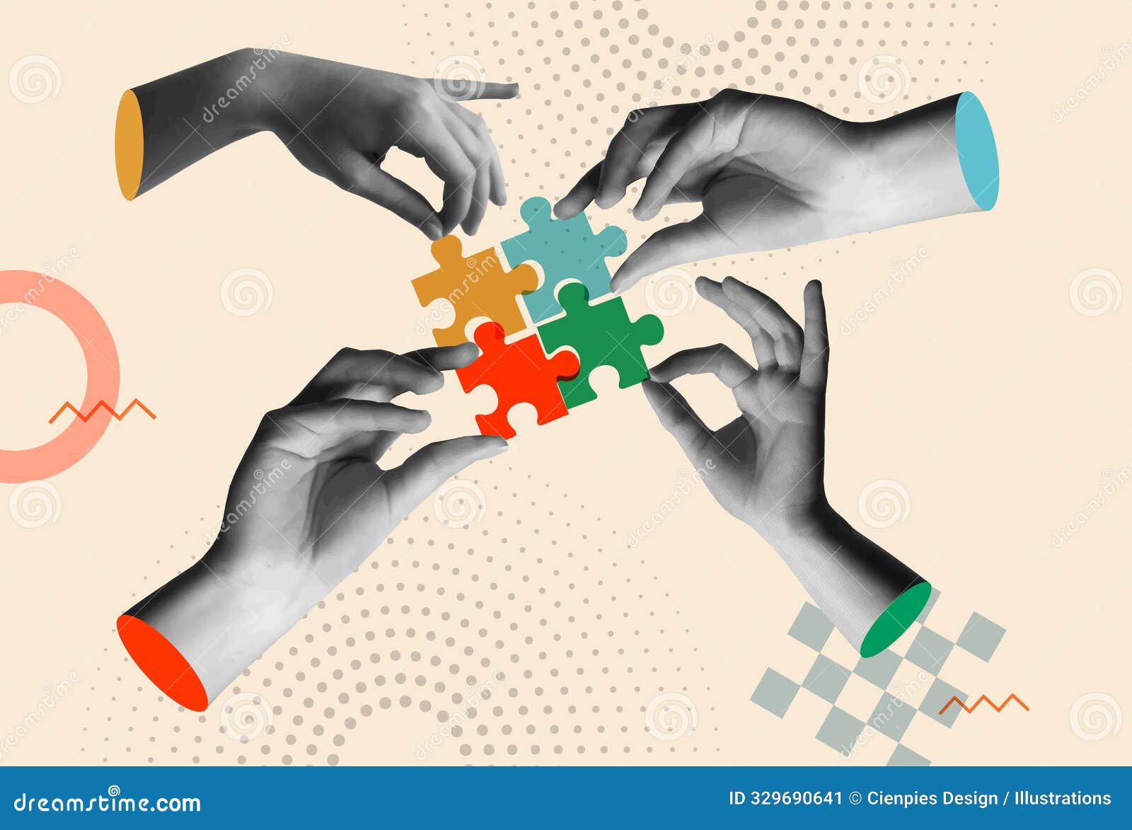 Hands Holding Colorful Puzzle Pieces in Retro Collage Vector ... Hands Holding Colorful Puzzle Pieces in Retro Collage Vector ...