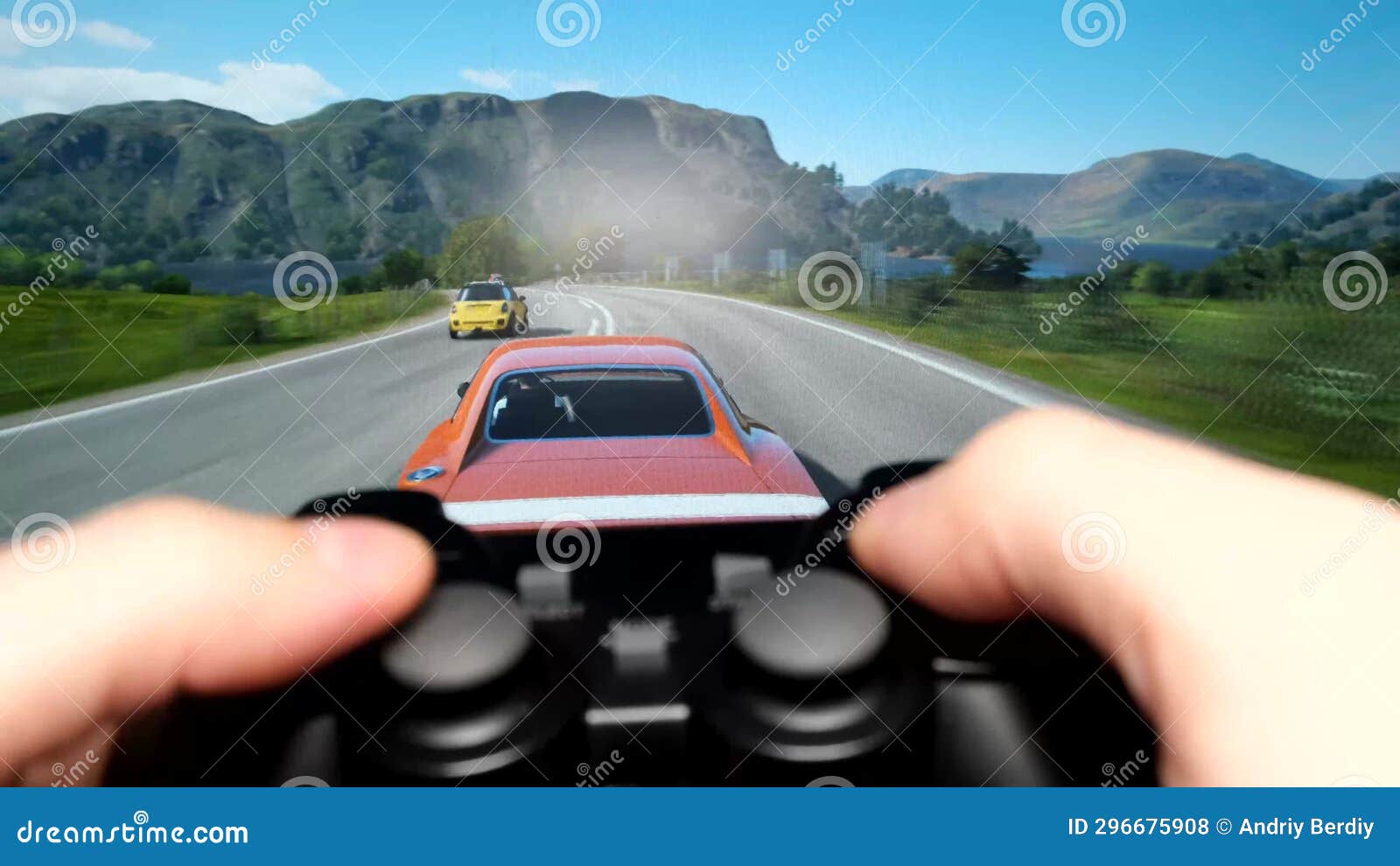 Hands Holding a Console Controller. Computer Game Car Racing Stock ...
