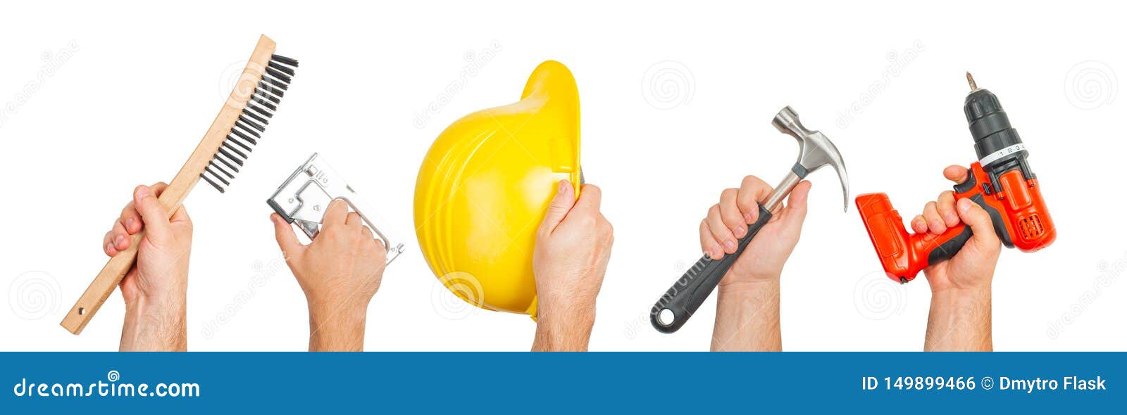 Hands Holding Construction Tools Isolated on White Background Stock ...