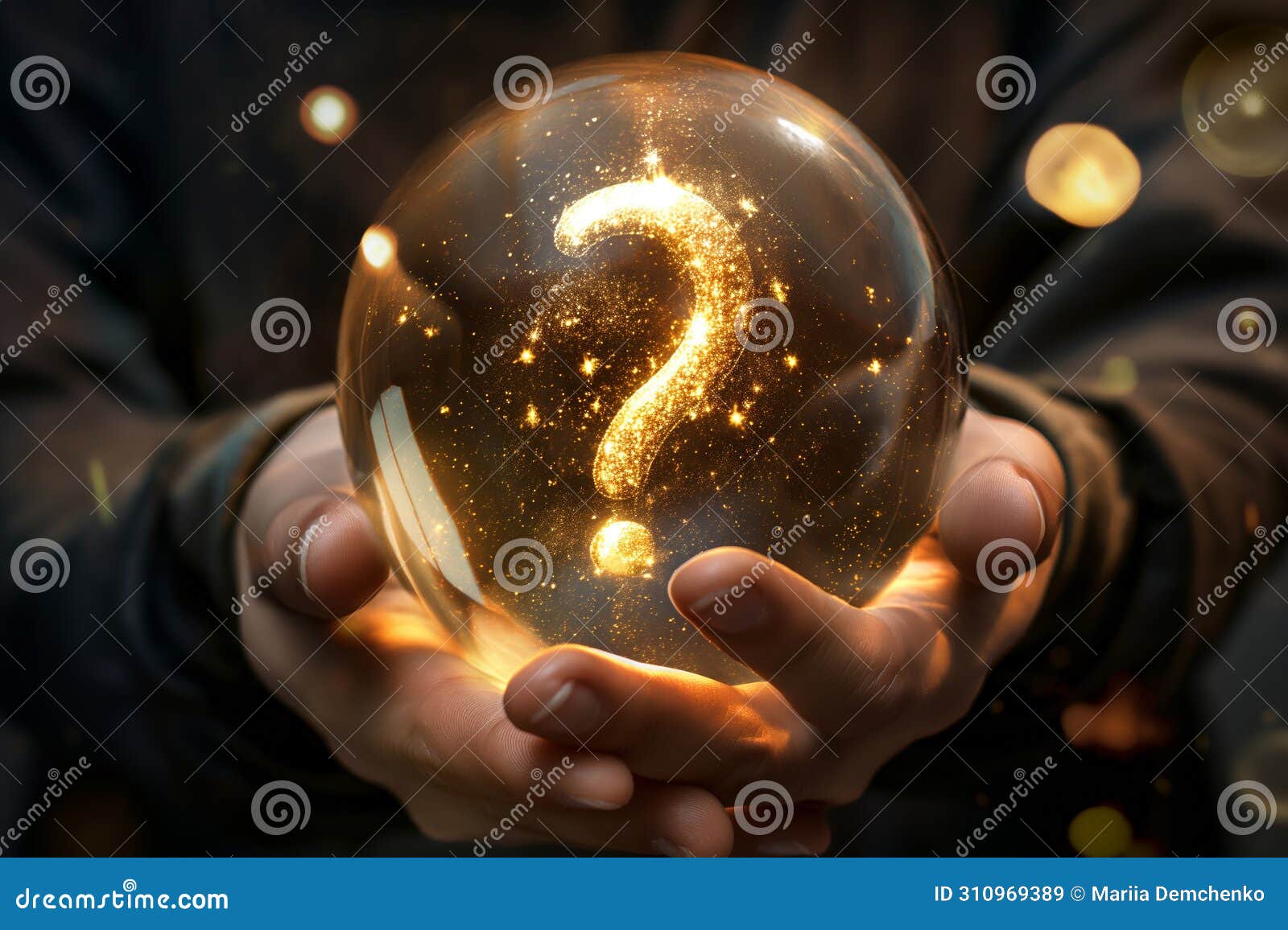 Hands Holding Crystal Ball with Glowing Question Mark and Sparkling ...