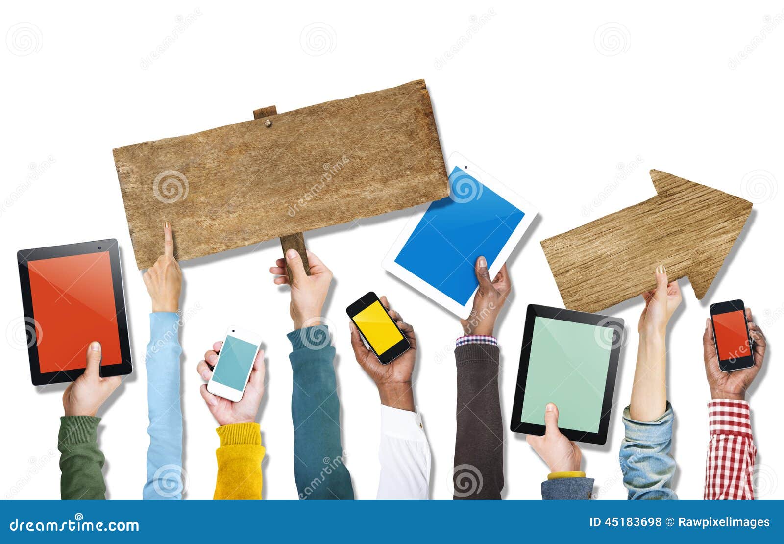 Hands Holding Devices, Sign Board and Arrow Sign Stock Photo - Image of ...