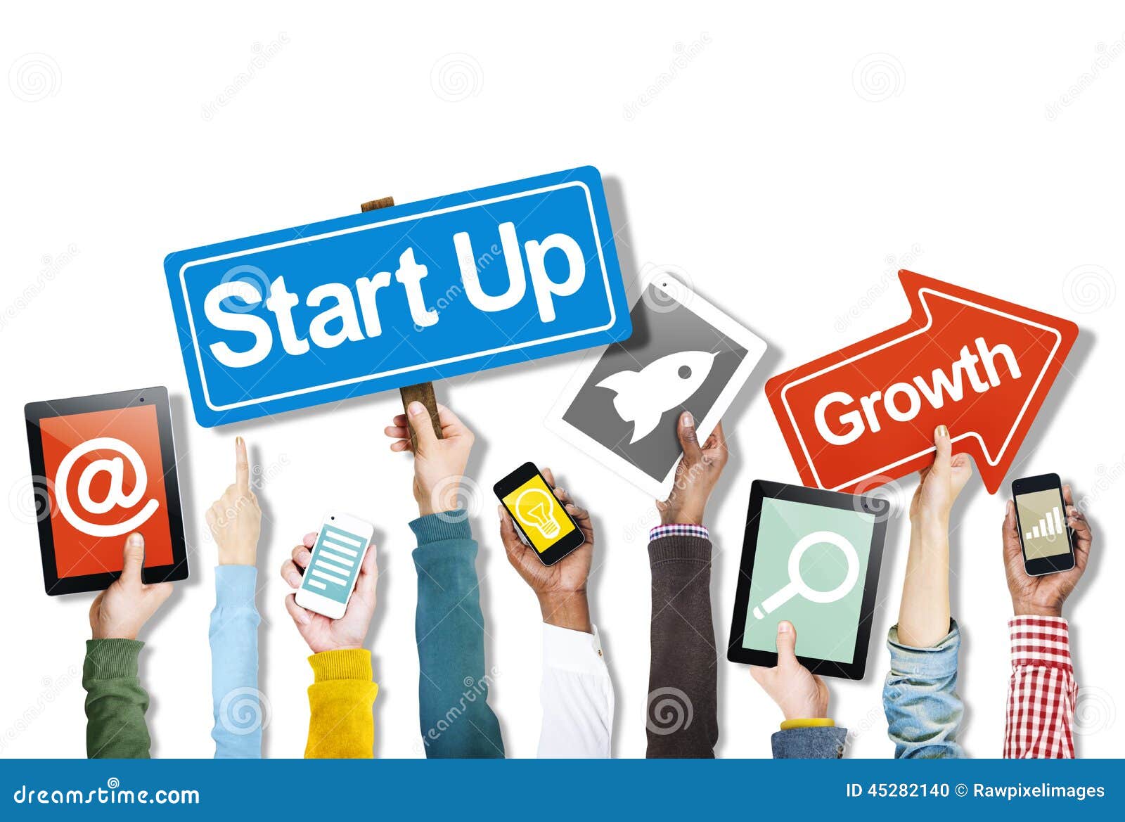 Hands Holding Devices Start Up Symbols Stock Photo - Image of ...