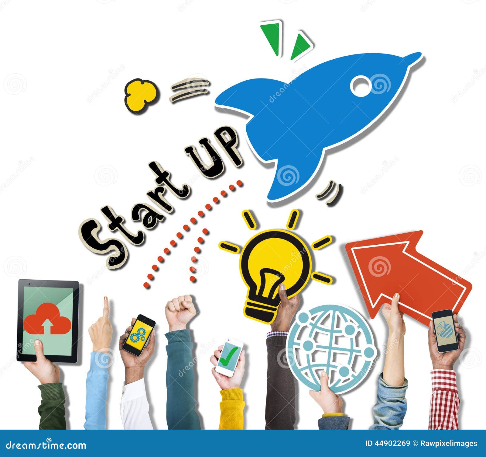 Hands Holding Digital Devices and Start Up Symbols Stock Image - Image ...