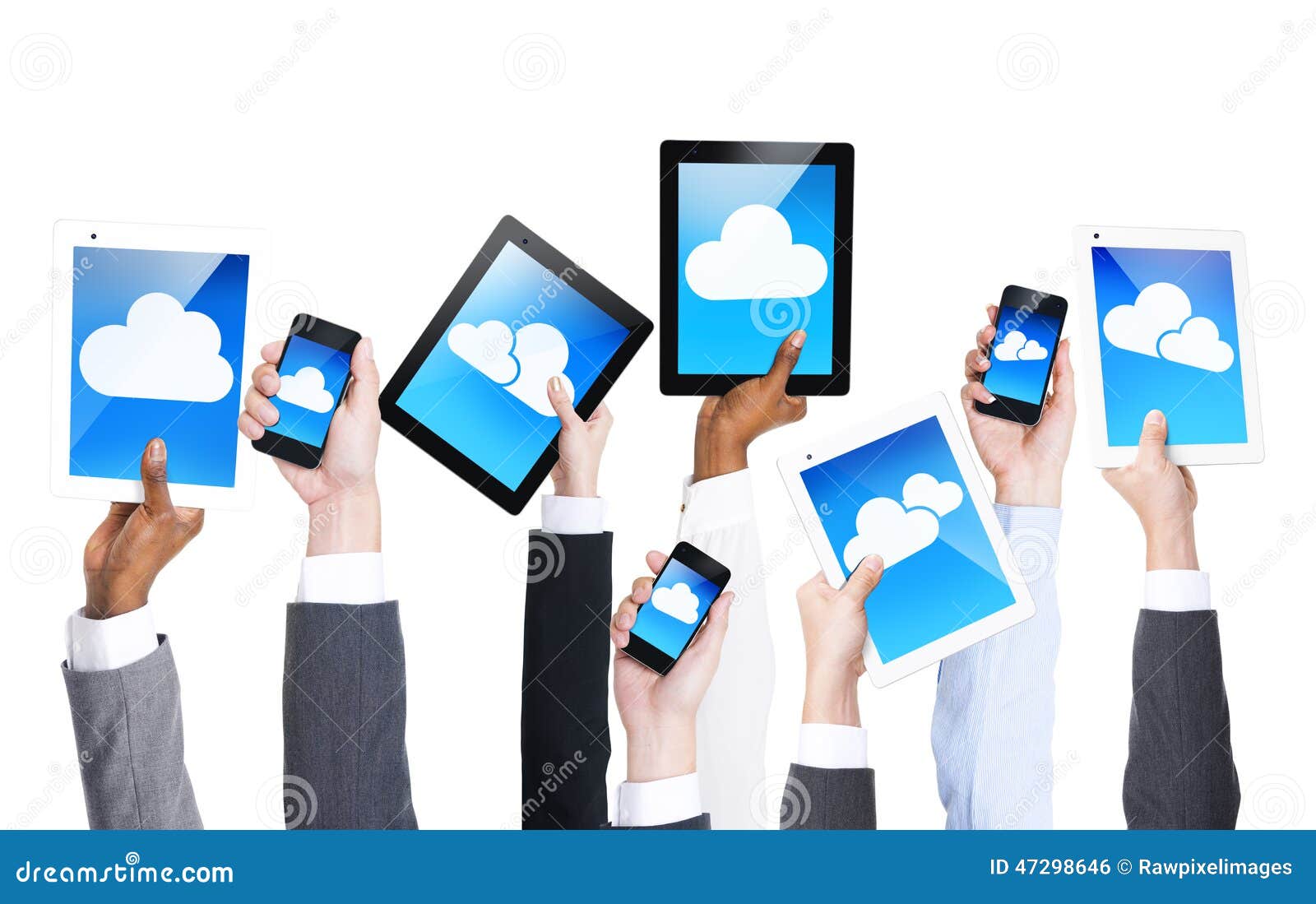 Hands Holding Digital Devices on White Background Stock Photo - Image ...