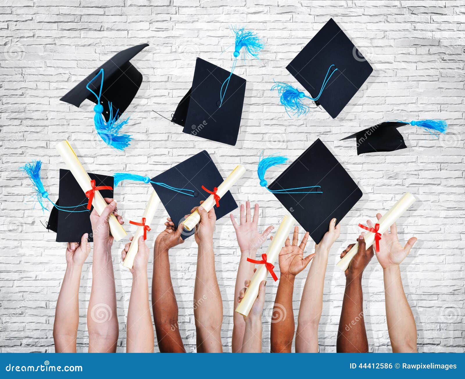 Hands Holding Diplomas and Throwing Hats Stock Photo - Image of ...