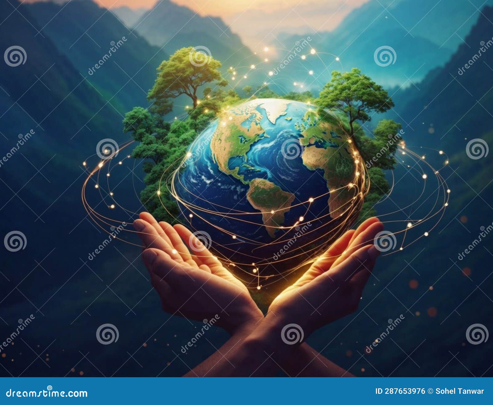 Hands Holding Earth with Tree on Globe and Energy Lines Concept Stock ...