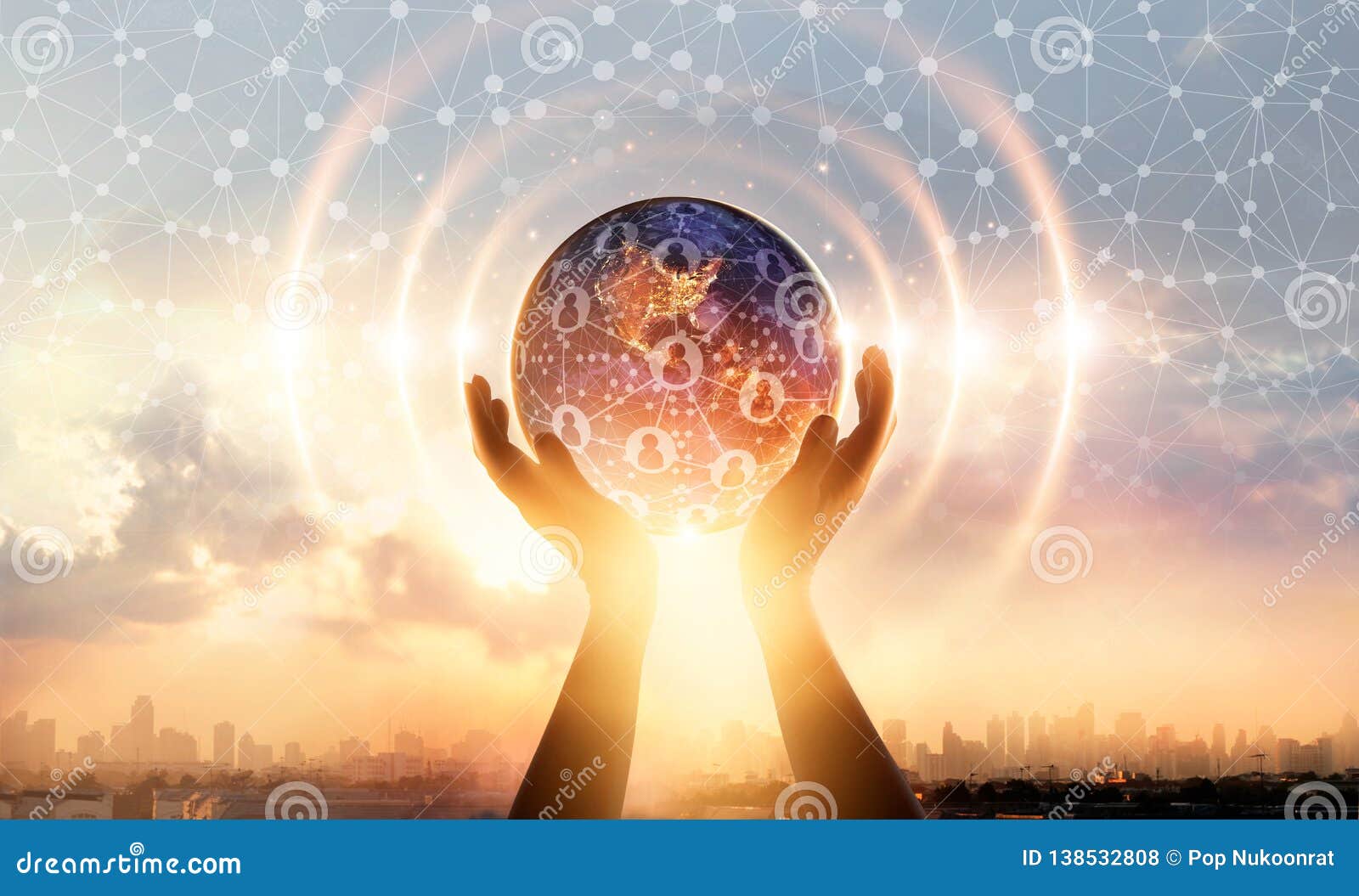 Hands Holding Earth and Wave Circle Global Structure Network Connection ...