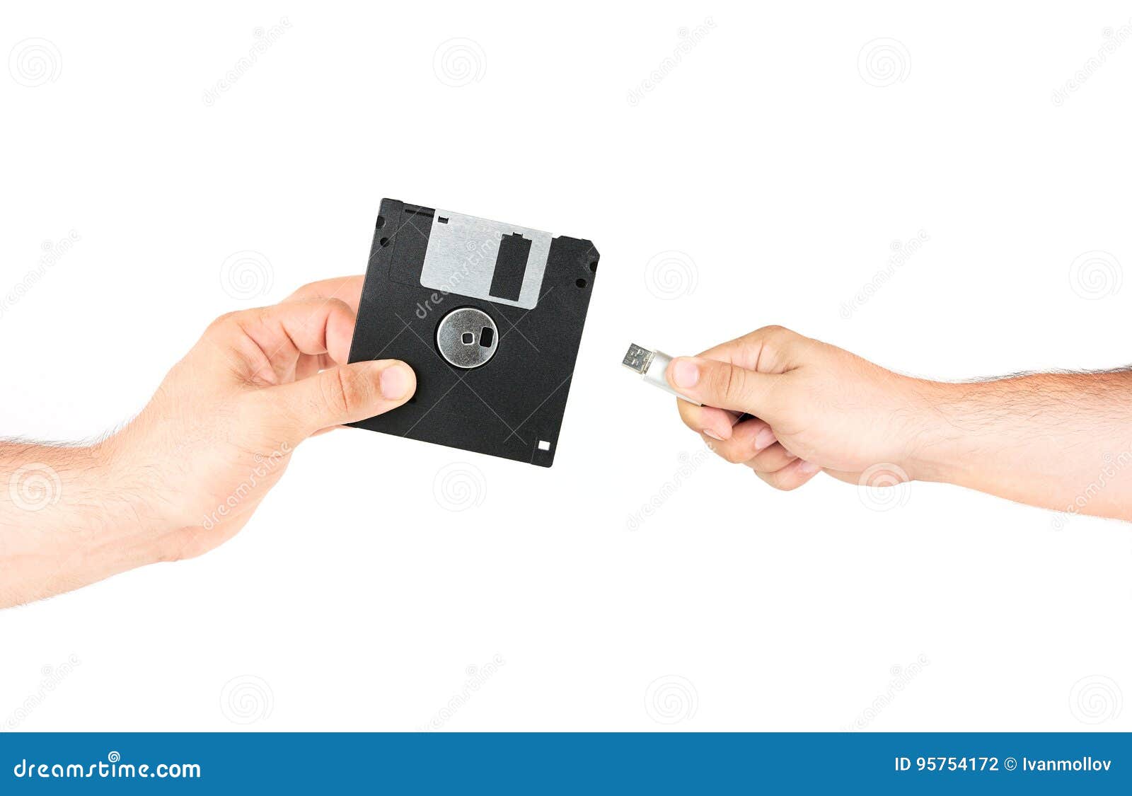 Hands Holding Floppy Disk Versus Flash Memory Stick Stock Photo - Image ...