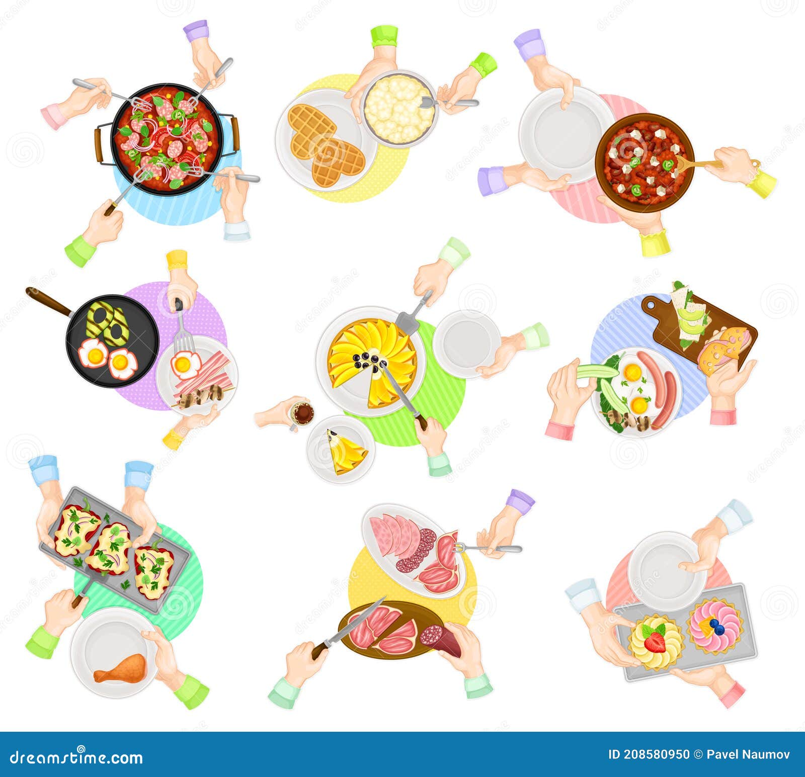 Hands Holding Fork Eating Dinner at Kitchen Table Above View Vector Set ...