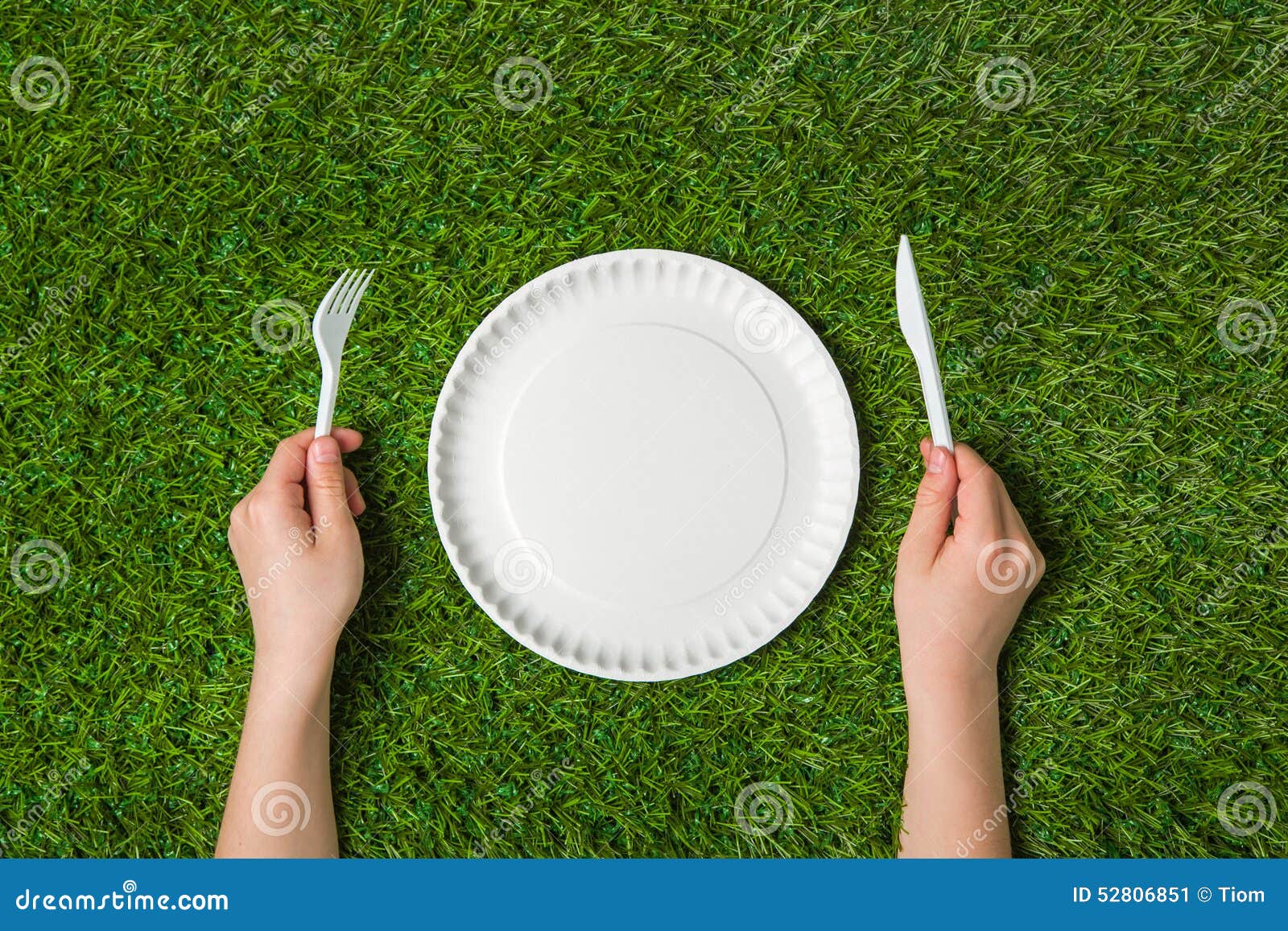 Hands Holding Fork and Knife with Plate on Grass Stock Image - Image of ...