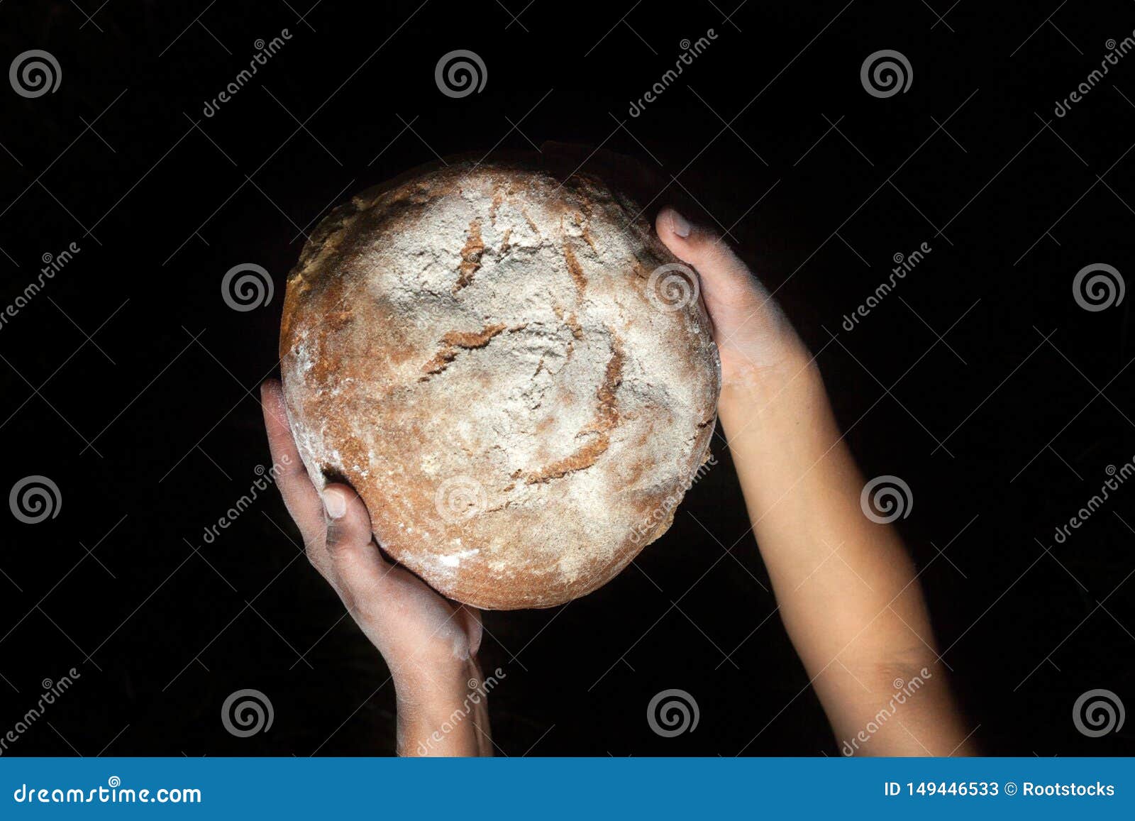 Hands Holding Fresh Round Bread Stock Image - Image of meal, mill ...