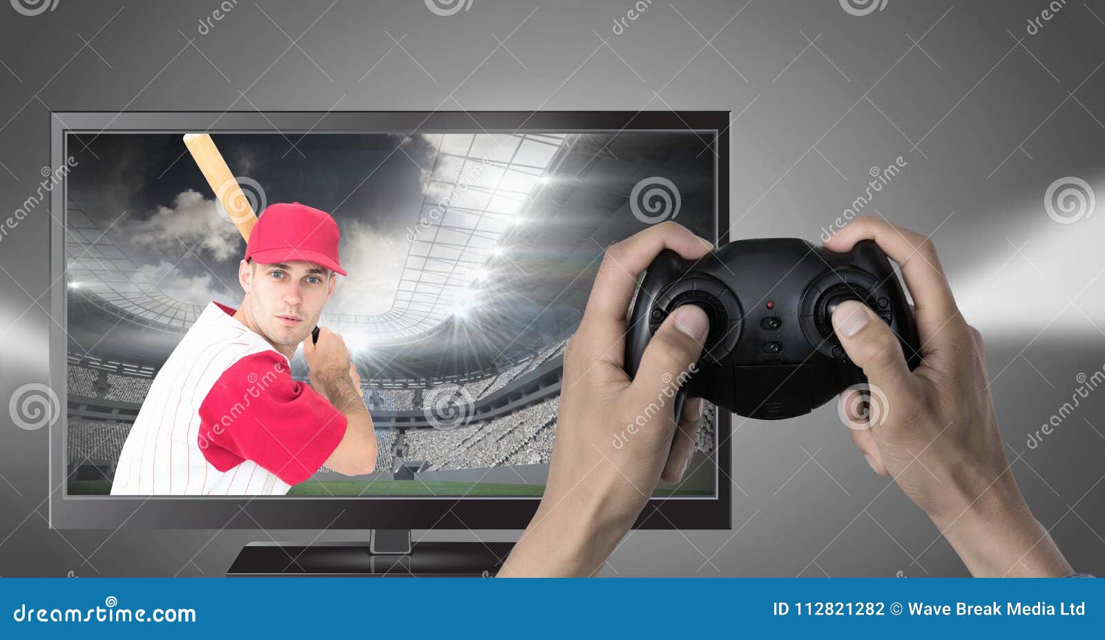 Hands Holding Gaming Controller with Baseball Player on Television ...