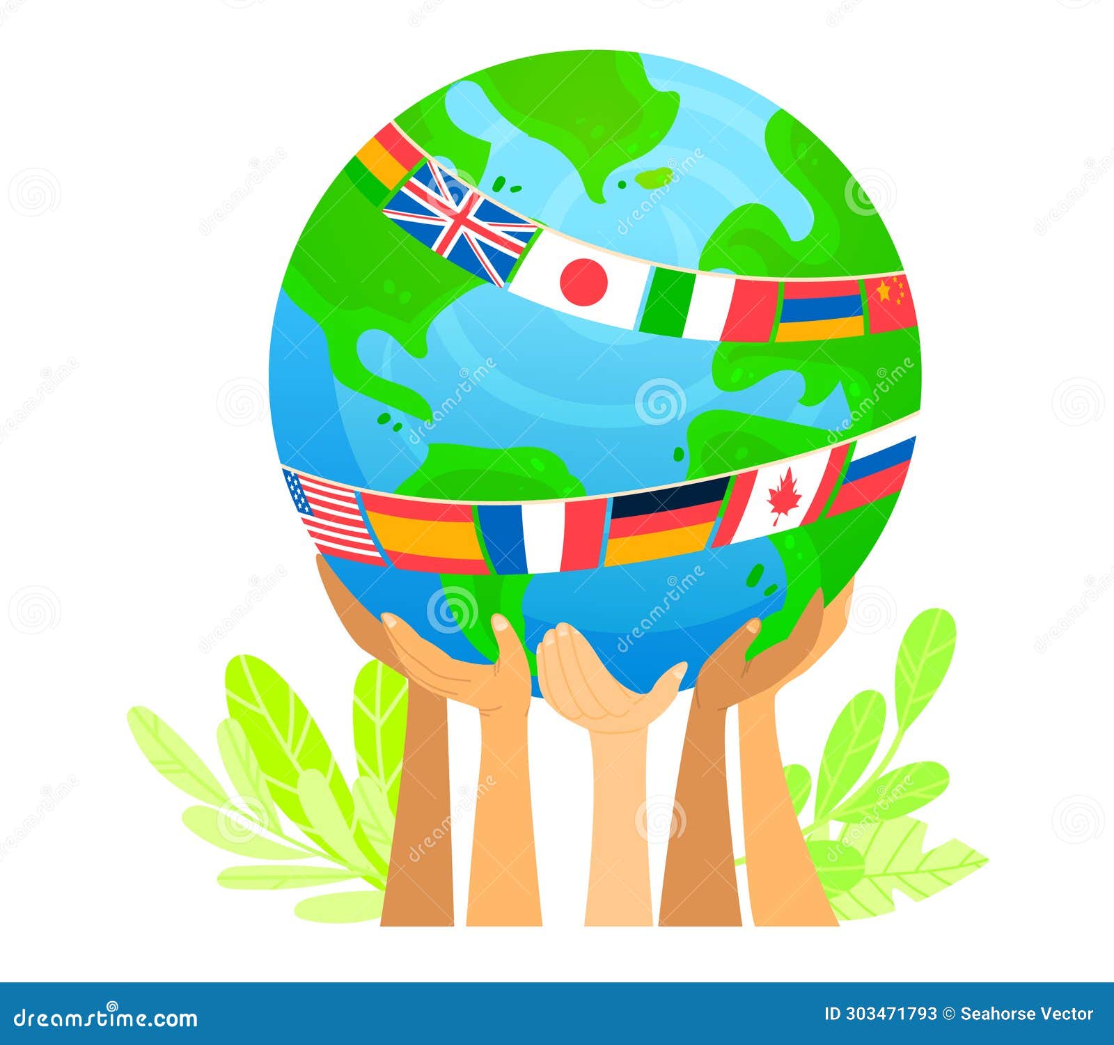 Hands Holding Globe with International Flags. Unity and Environmental ...