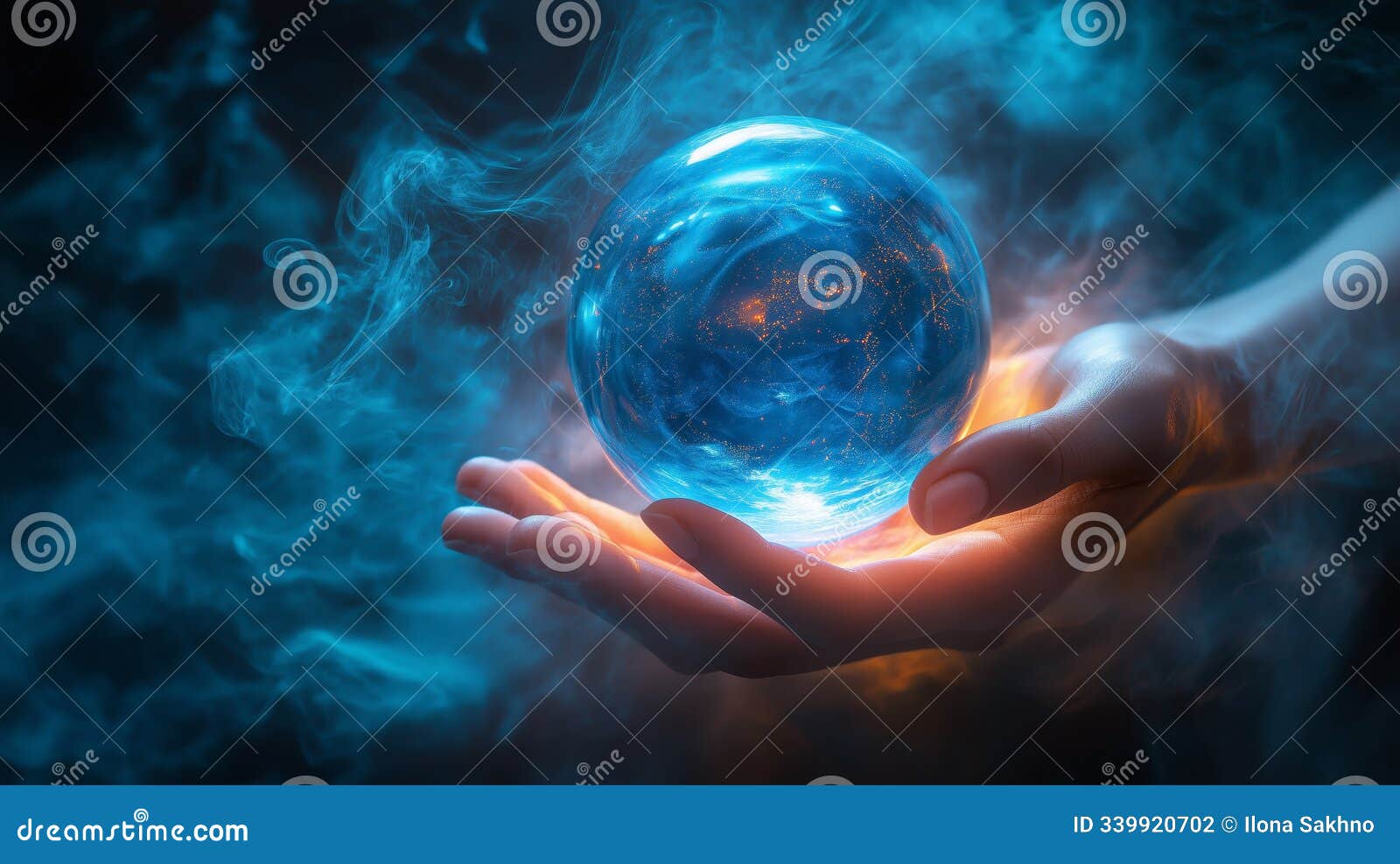 Hands Holding a Glowing Blue Orb with Mystical Smoke Stock Illustration ...