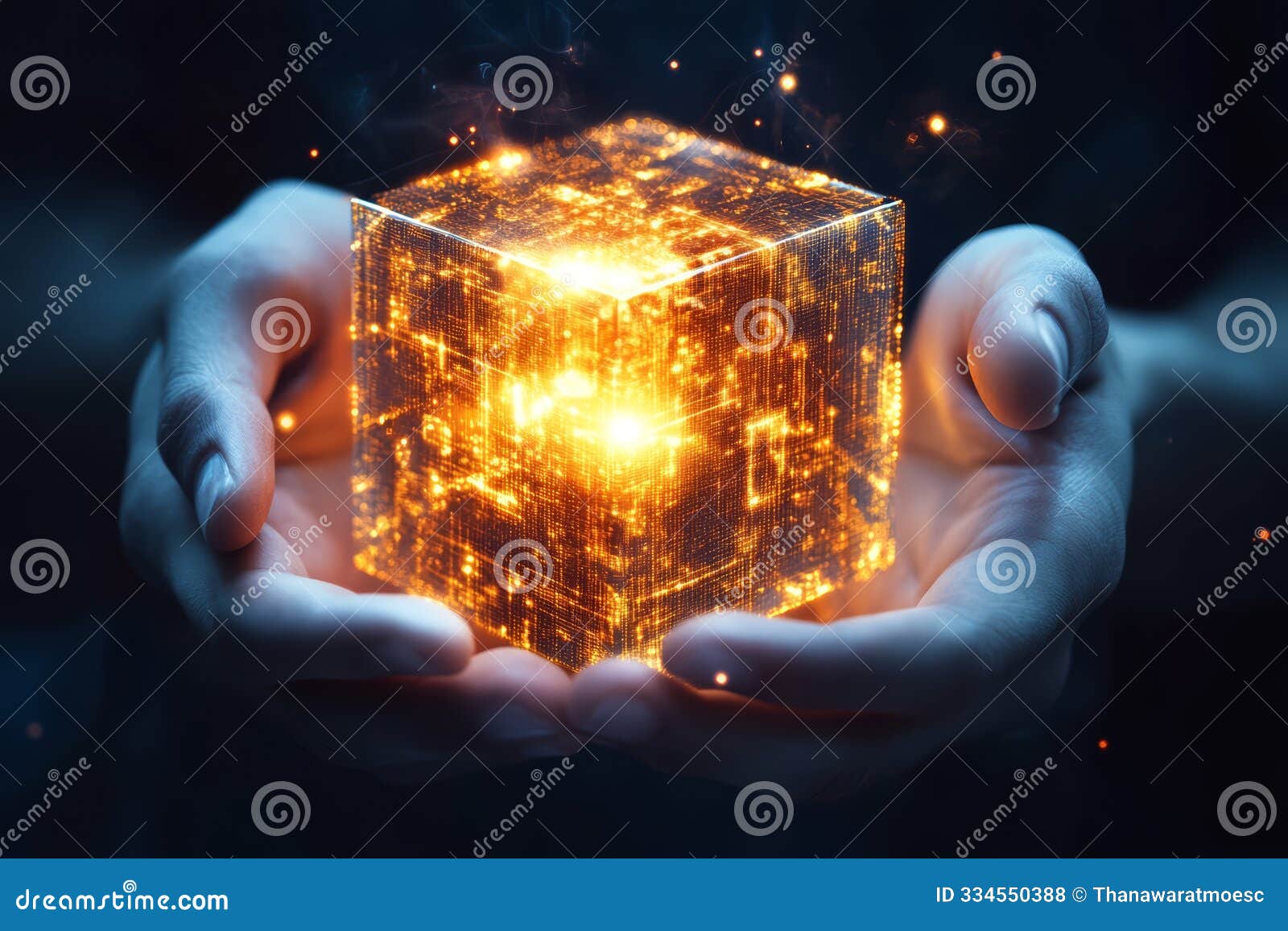 Hands Holding Glowing Digital Cube AI Art Stock Illustration ...