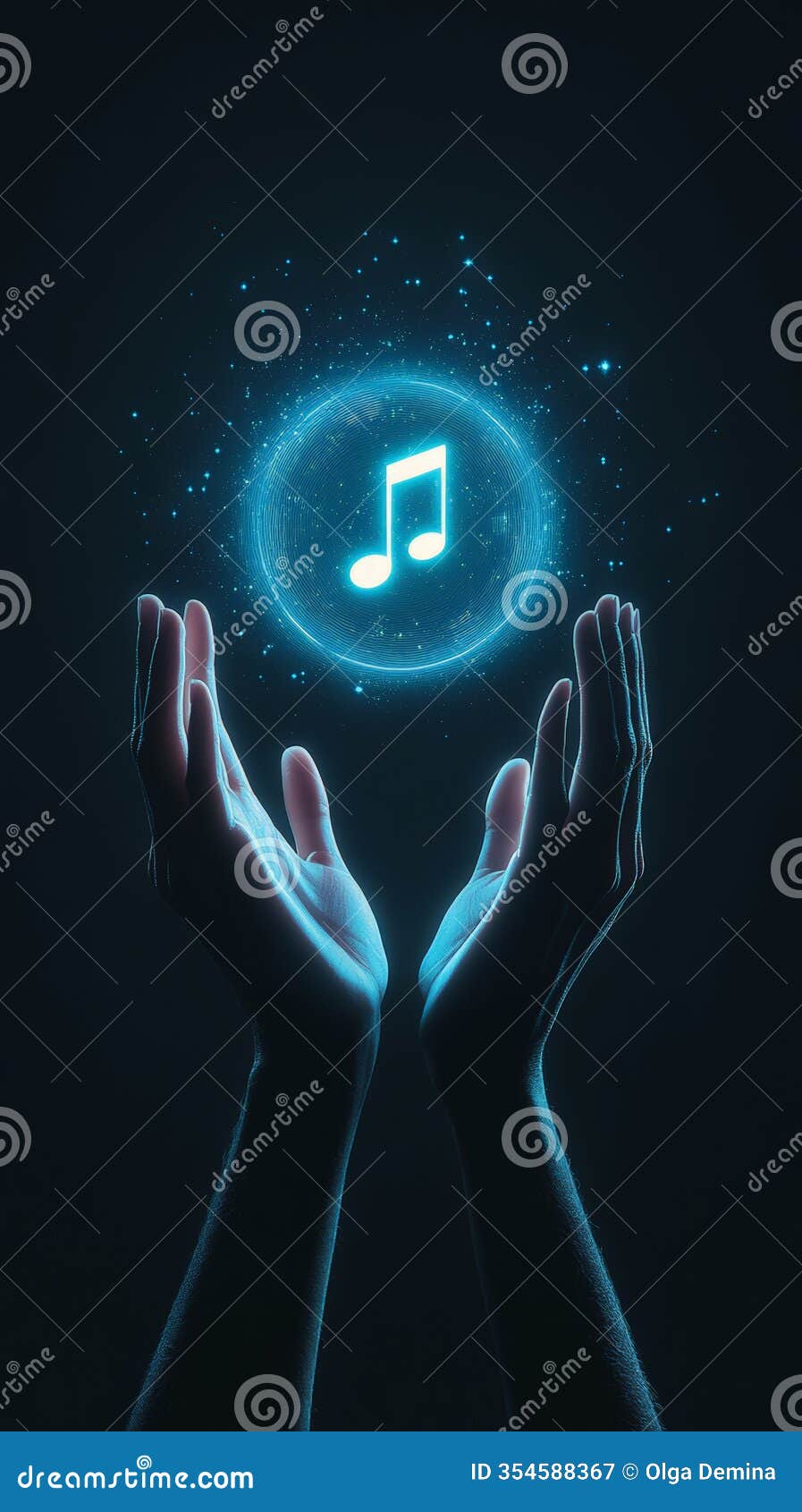 Hands Holding Glowing Sphere with Musical Note Symbol in Dark ...