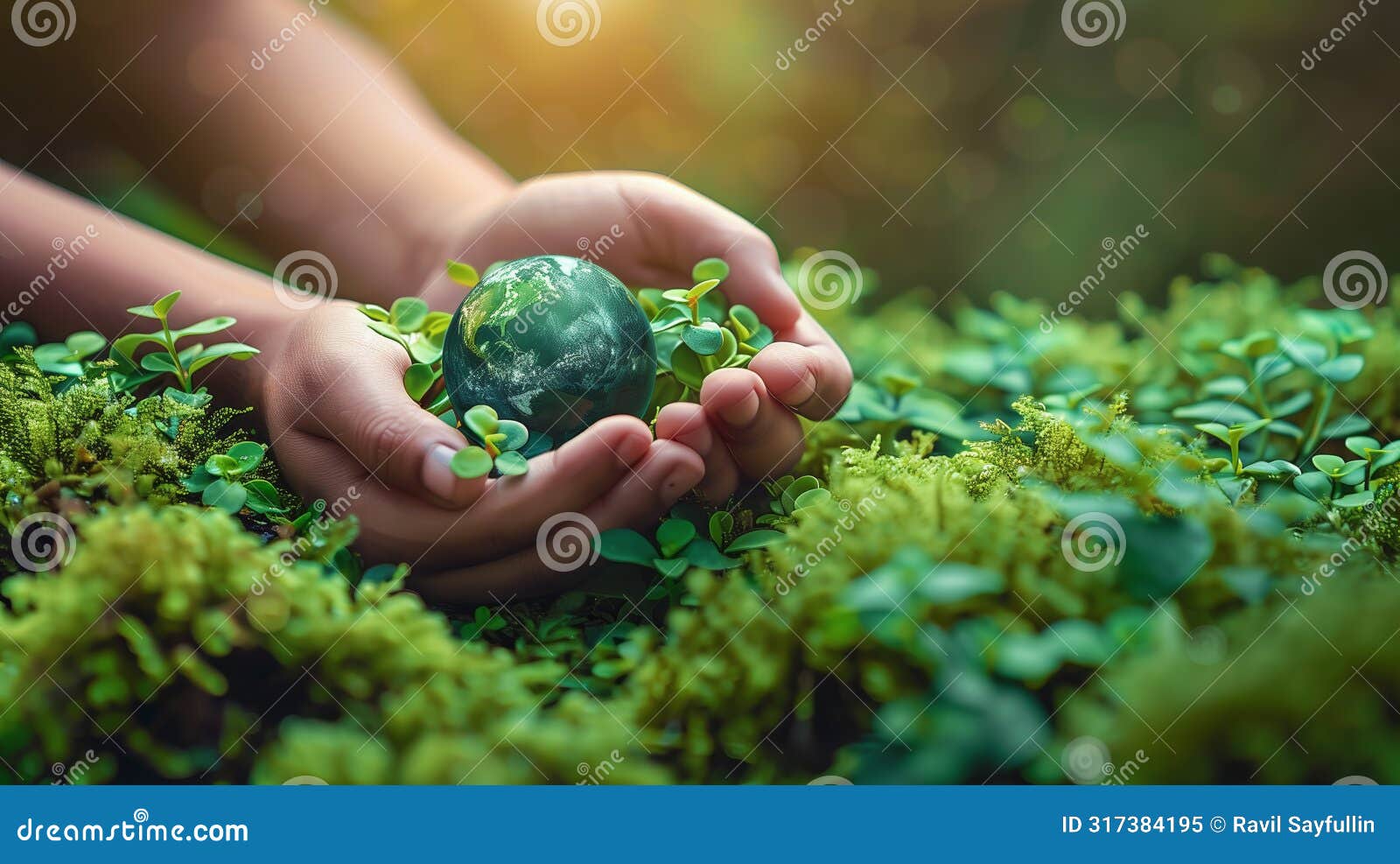 Hands Holding Green Globe In Green Forest Environment Concept Stock
