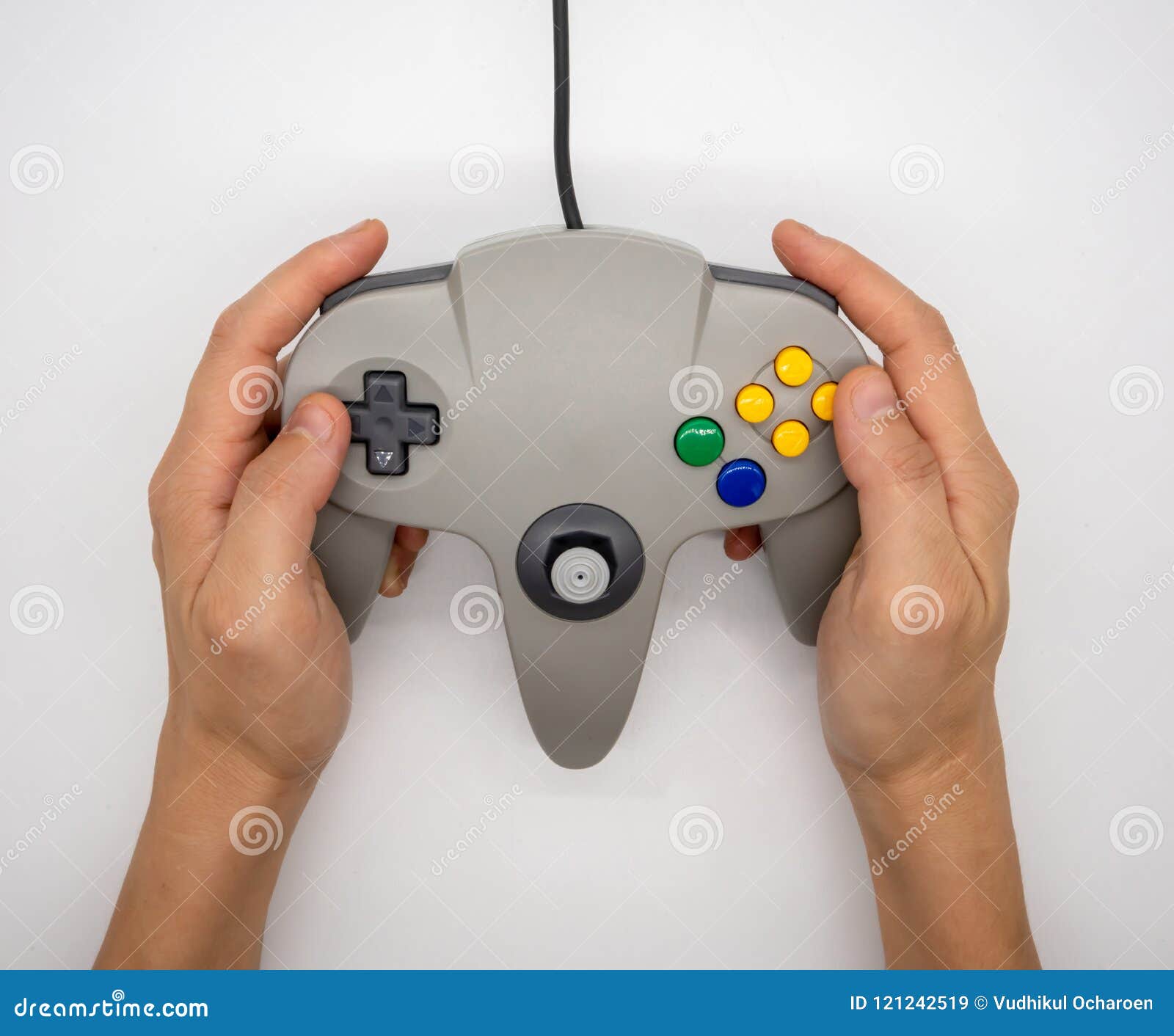 Hands Holding Grey Plastic Game Controller on White Stock Image - Image ...