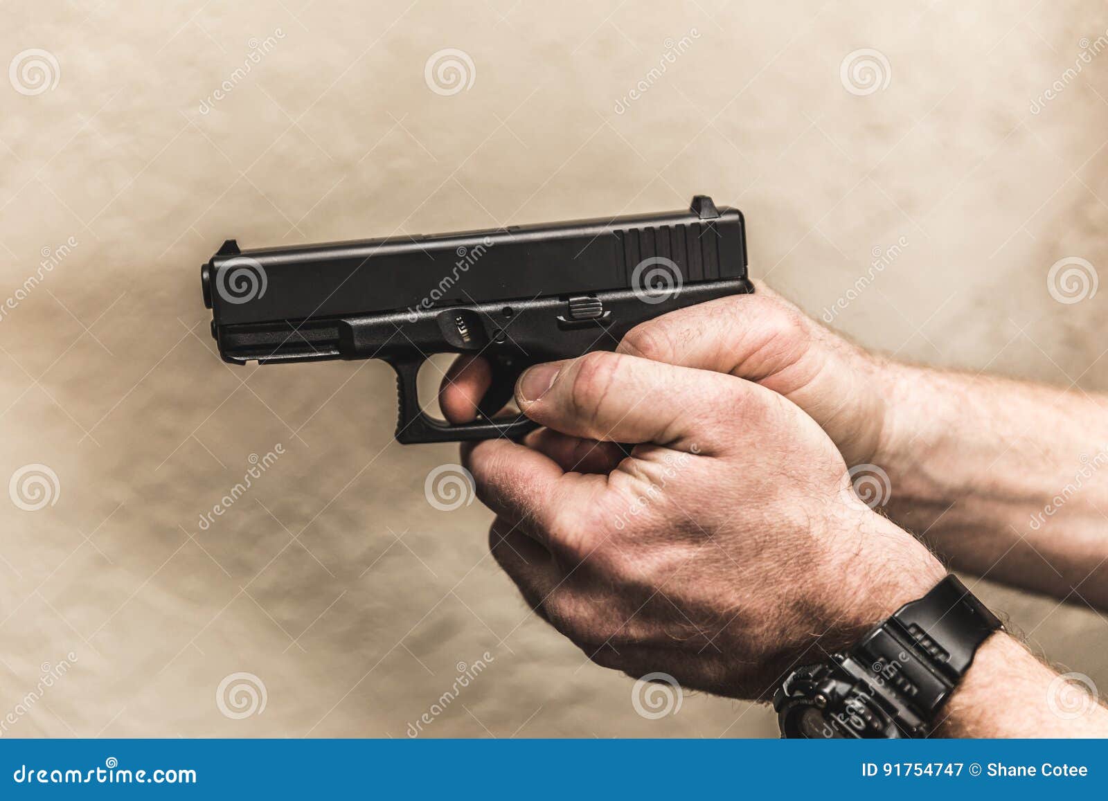 Hands Holding Gun with Finger on Trigger Stock Image - Image of target ...