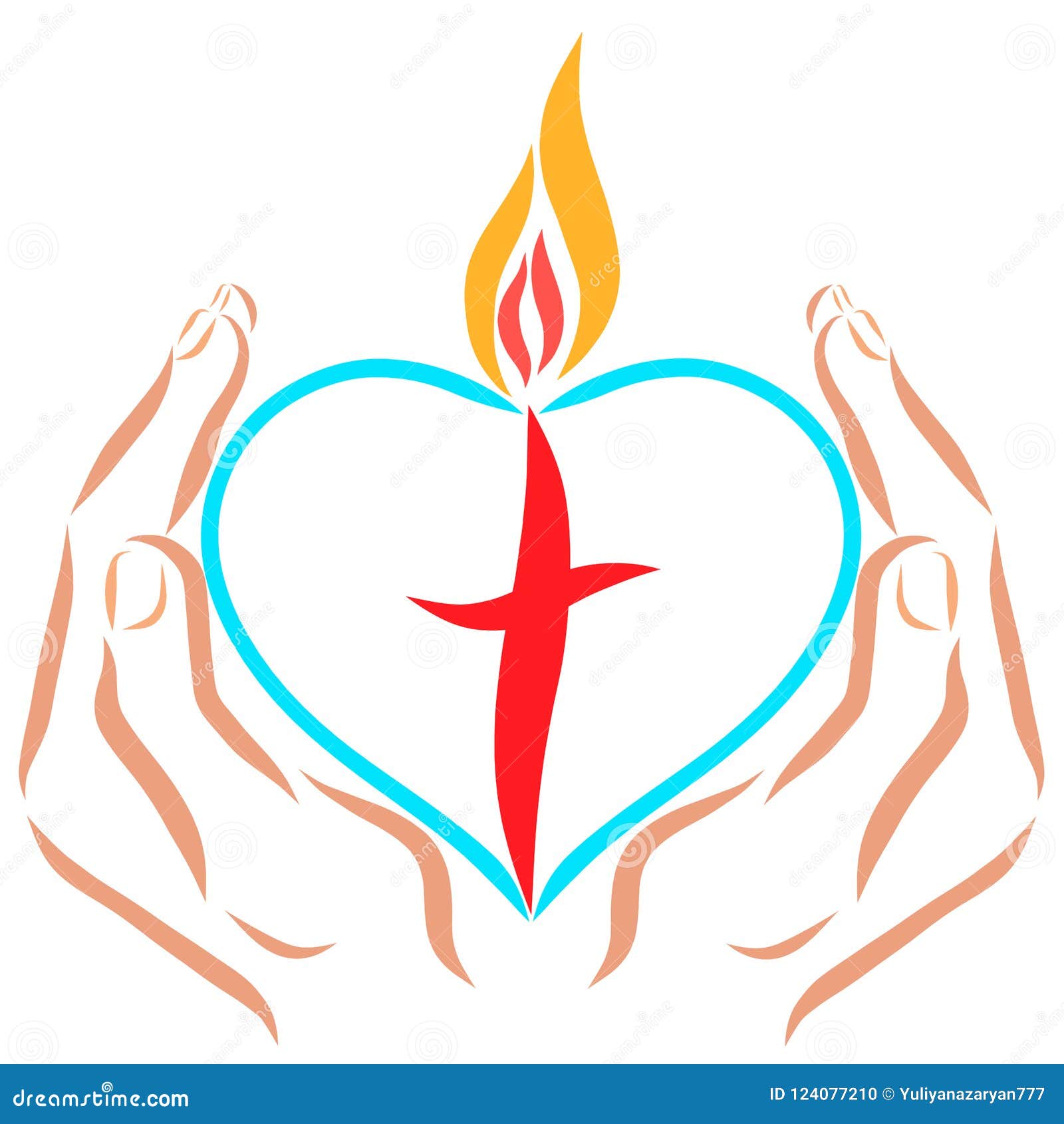 Hands Holding a Heart with a Cross and Flame Stock Illustration ...