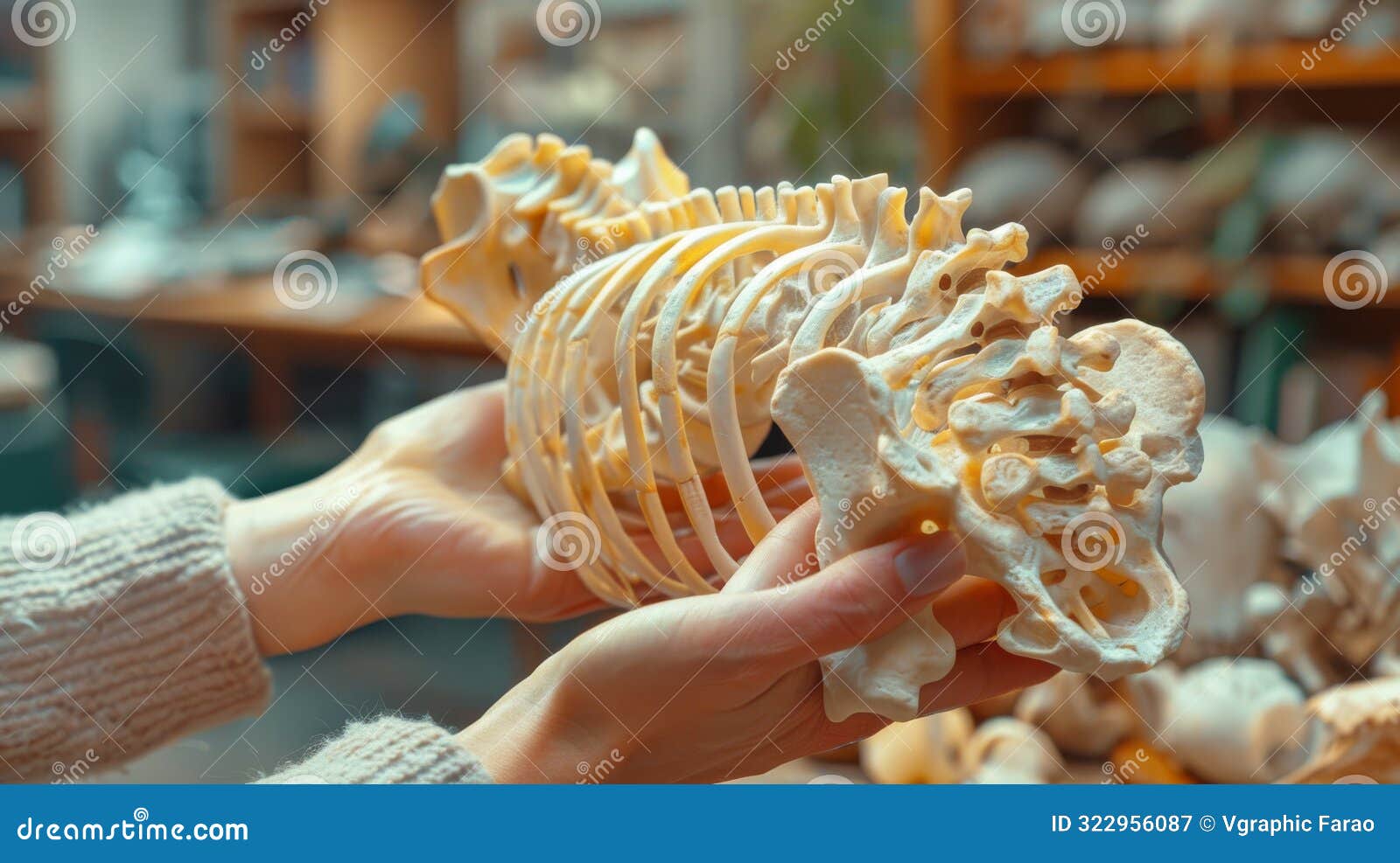 Hands Holding a Human Spine Skeleton Model in a Classroom Stock Image ...