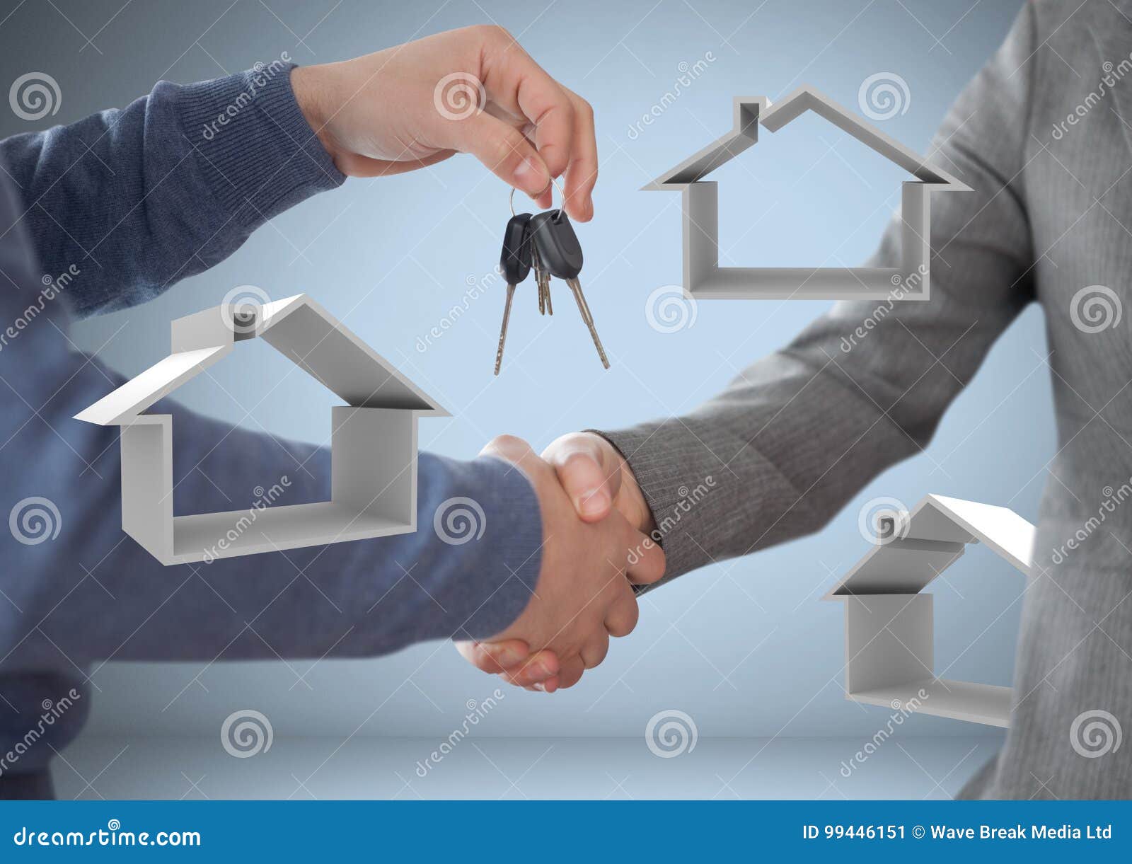 Hands Holding Keys with House Icons in Front of Vignette with Handshake ...