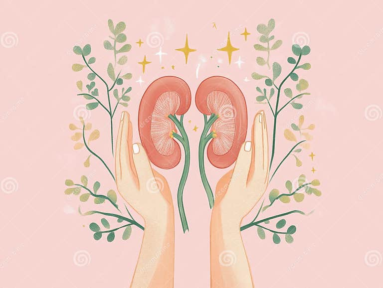 Hands Holding Kidneys with Botanical Elements on Pink Background Stock ...