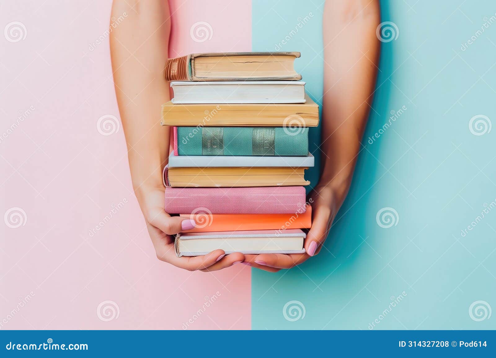 Hands Holding Knowledge: Woman Grasping Stack of Books, Symbolizing ...