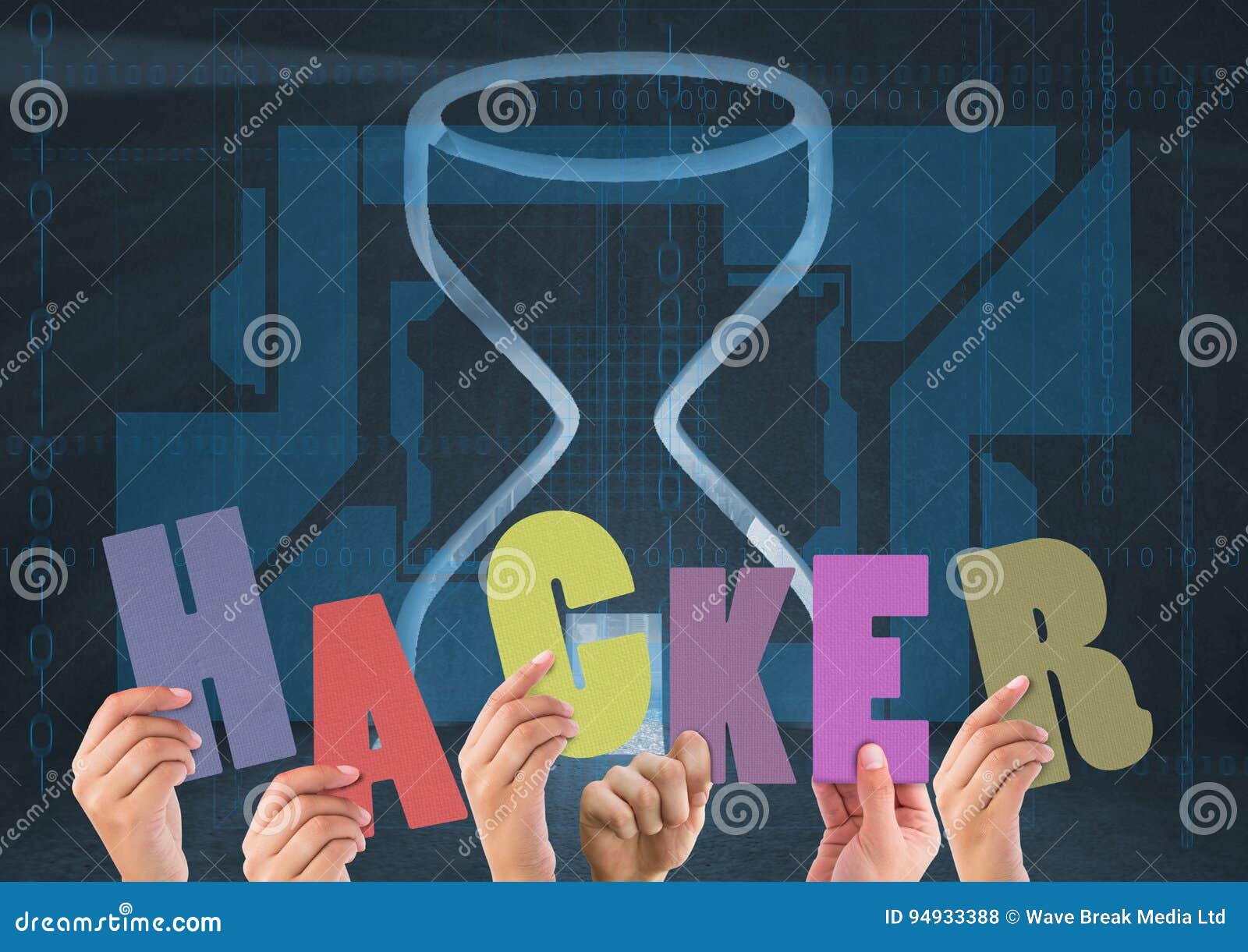 Hands Holding Letters of HACKER in Front of Digital Blue Background ...