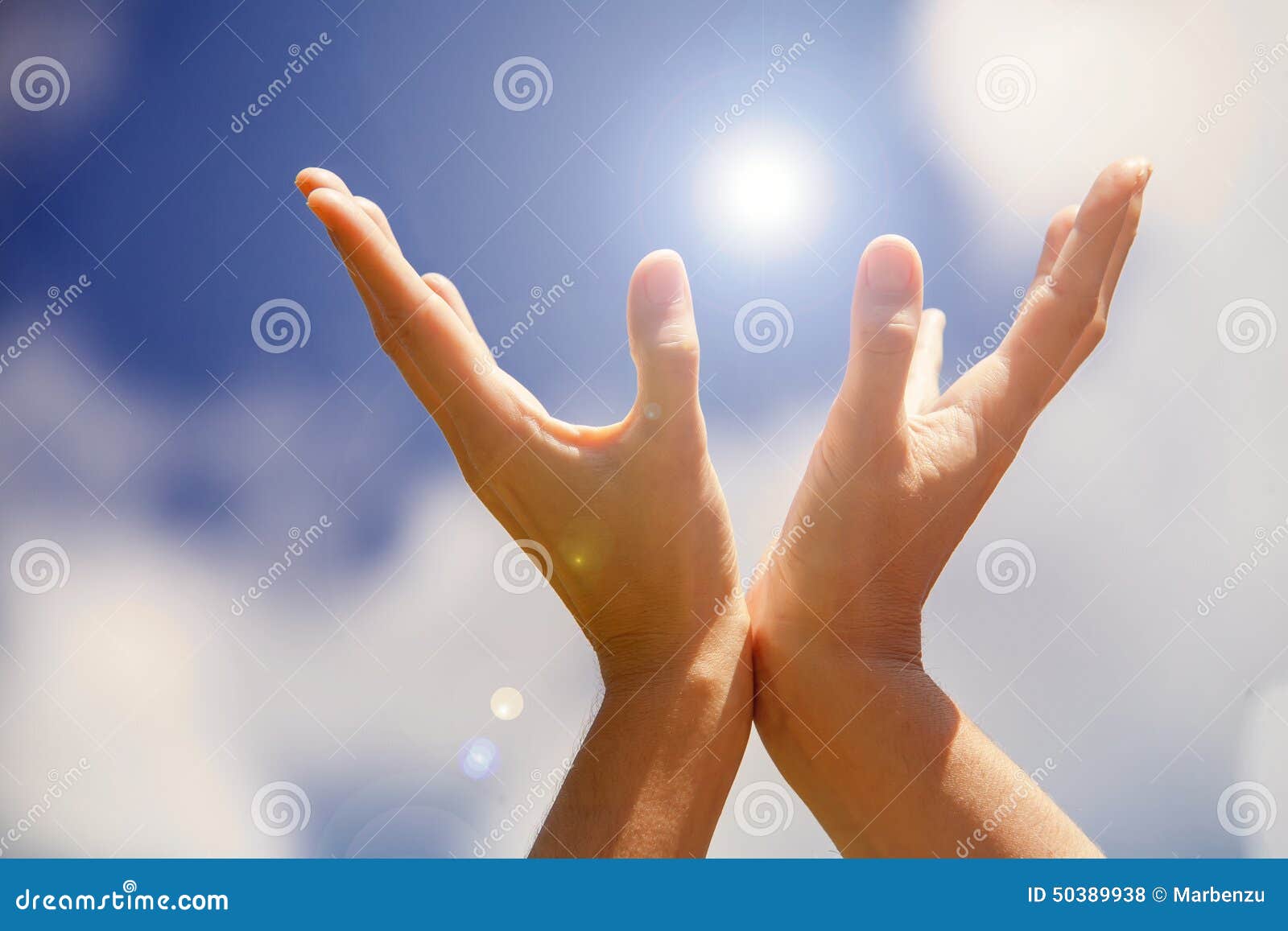 Hands Holding Light on the Blue Sky Stock Photo - Image of balance ...
