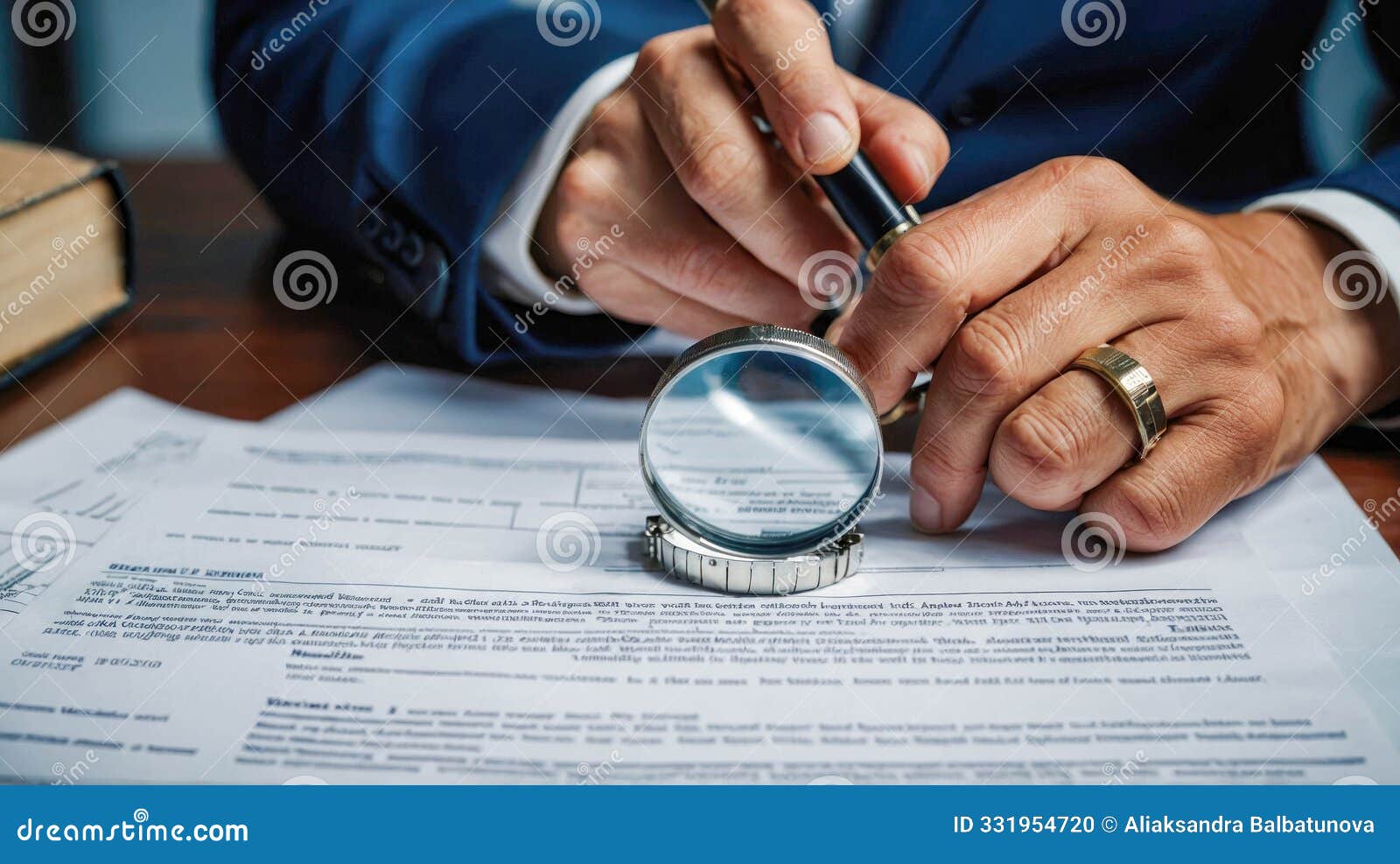 Hands Holding a Magnifying Glass, Carefully Examining a Contract Stock ...