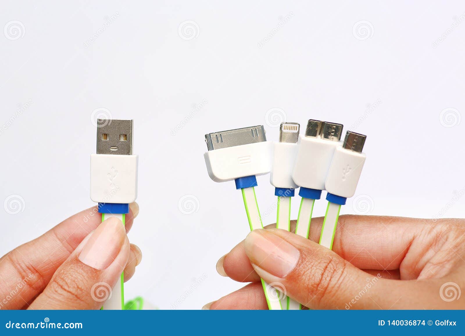 Hands Holding Many Type Adapter in 1 USB Charger on White Background ...