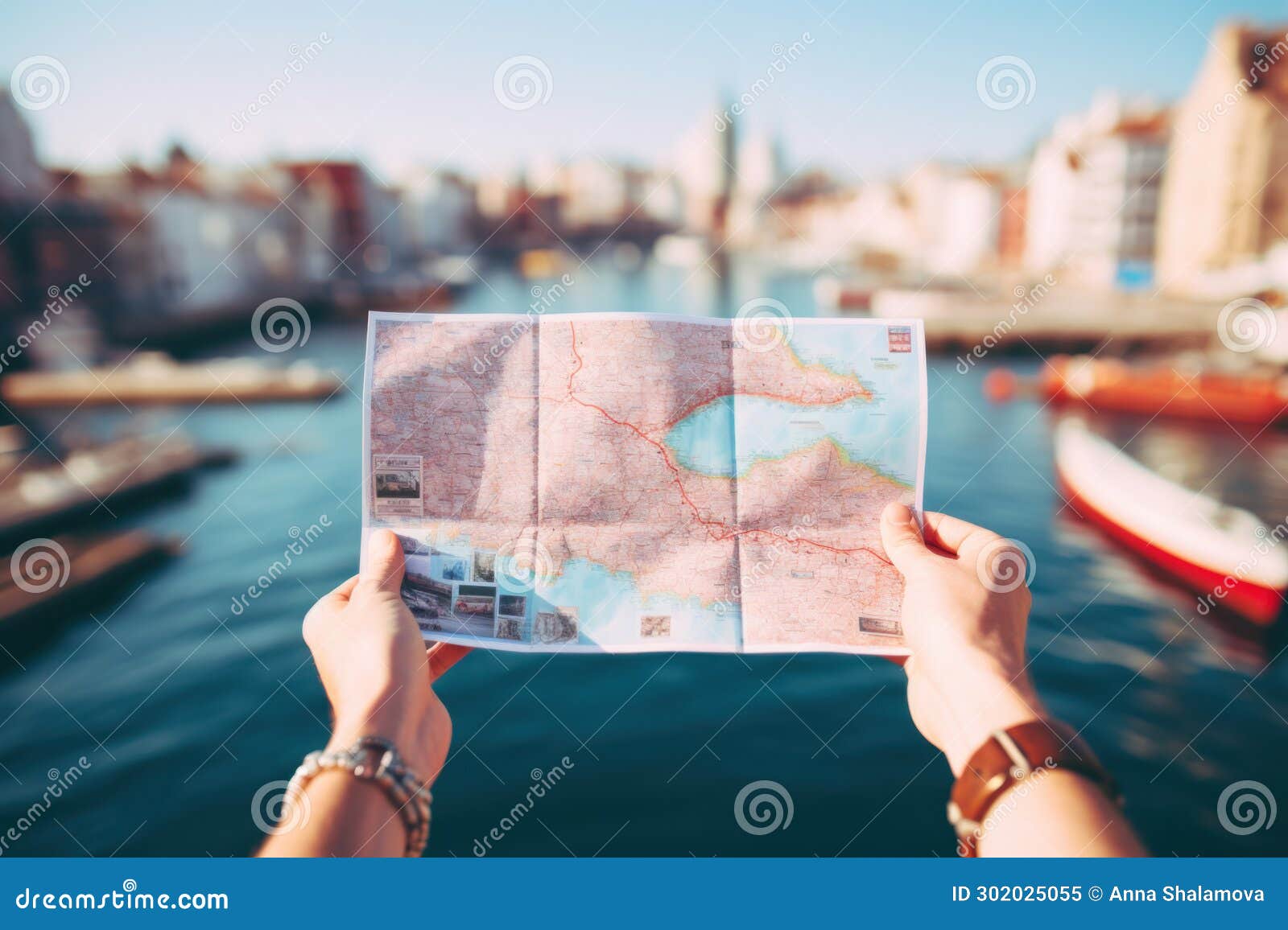Hands Holding a Map with a Harbor Backdrop. the Concept is Travel and ...
