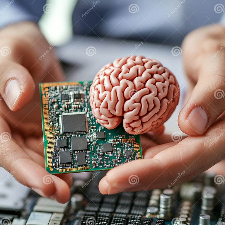 Hands Holding a Microchip with a Miniature Brain Model, Symbolizing the ...