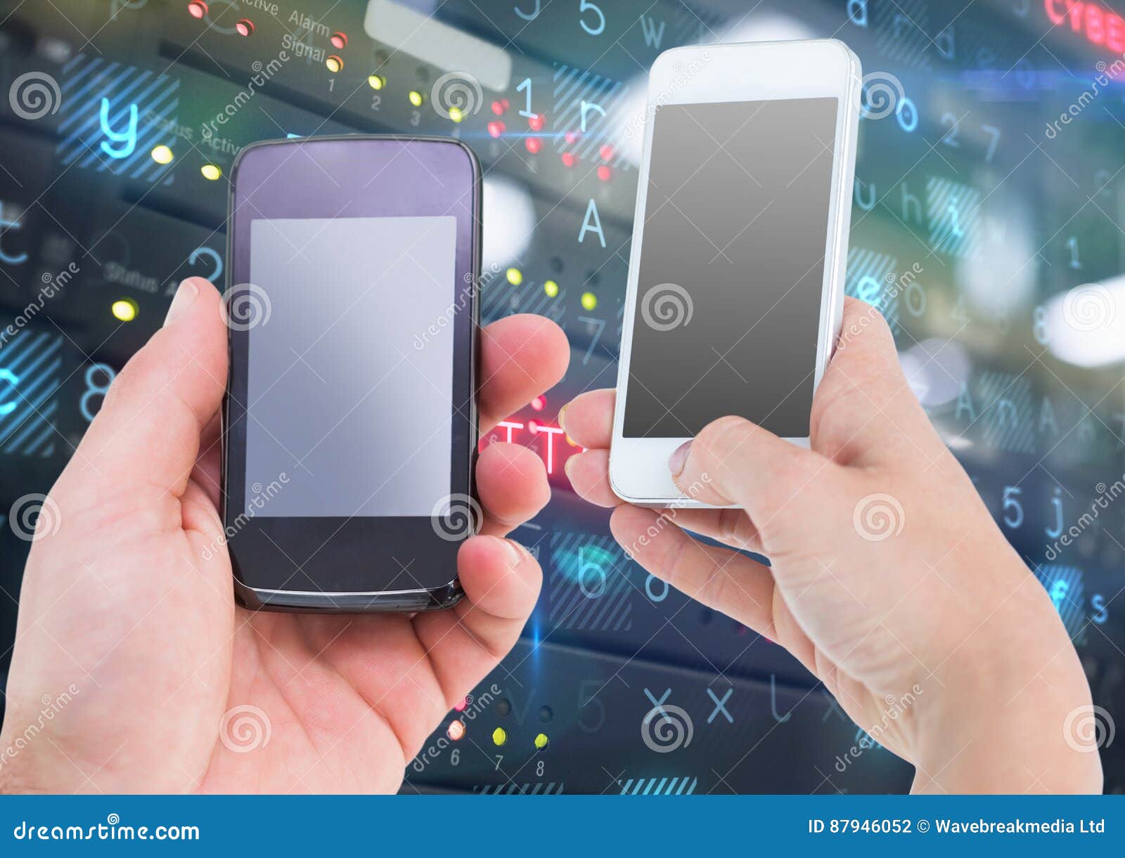 Hands Holding Mobile Phone Against Server Storage System in Background ...