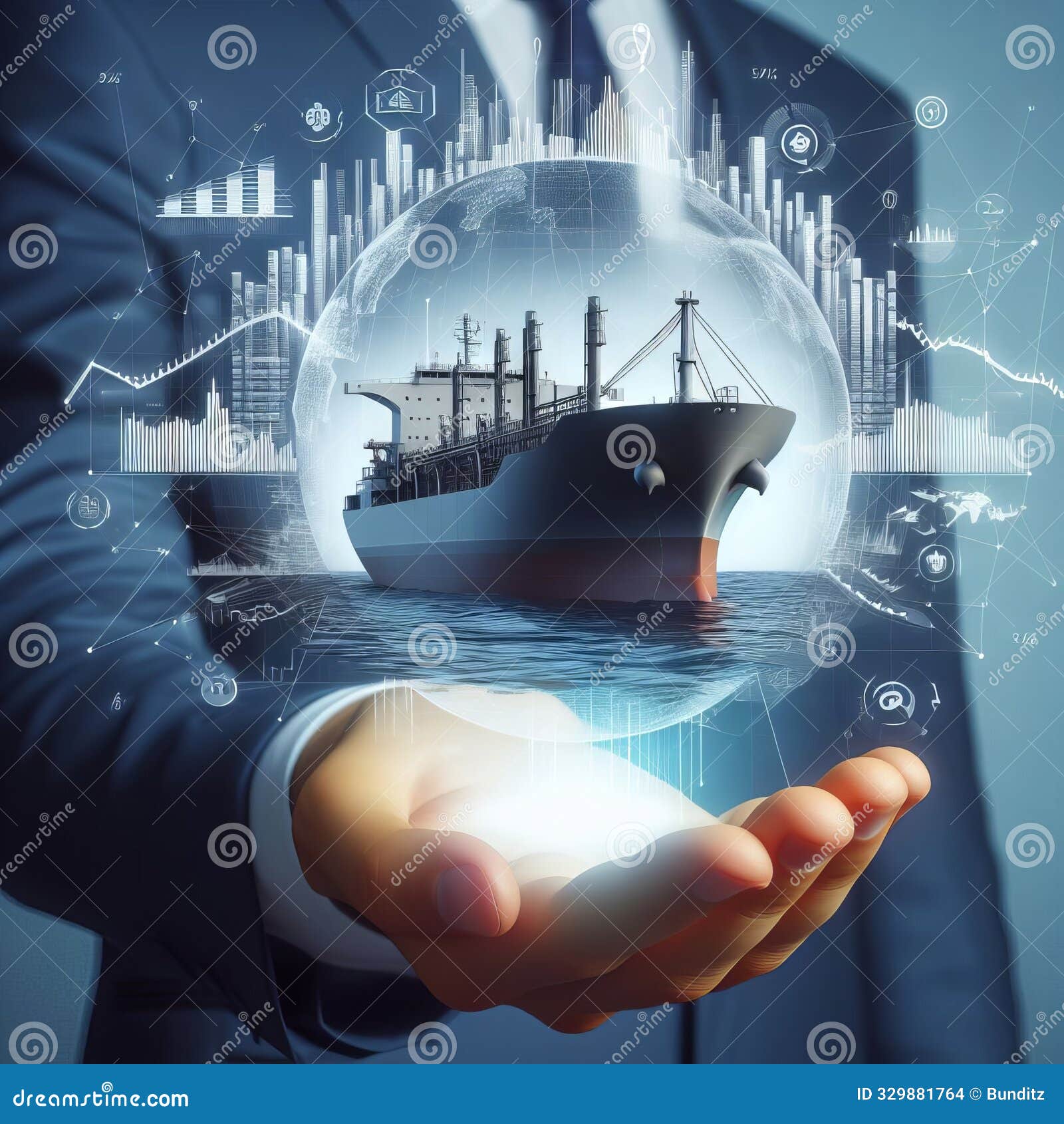 Hands Holding a Modern Cargo Vessel with Digital Data and Global ...